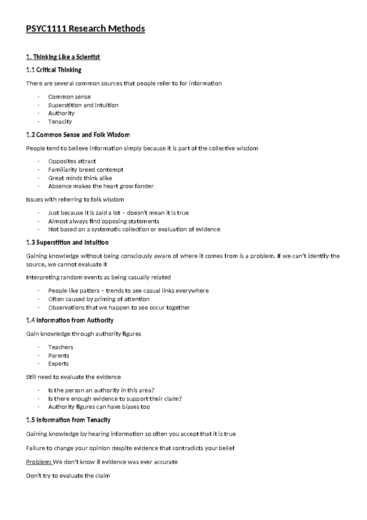 Notes - PSYC1111 Research Methods Thinking Like a Scientist 1 Critical ...