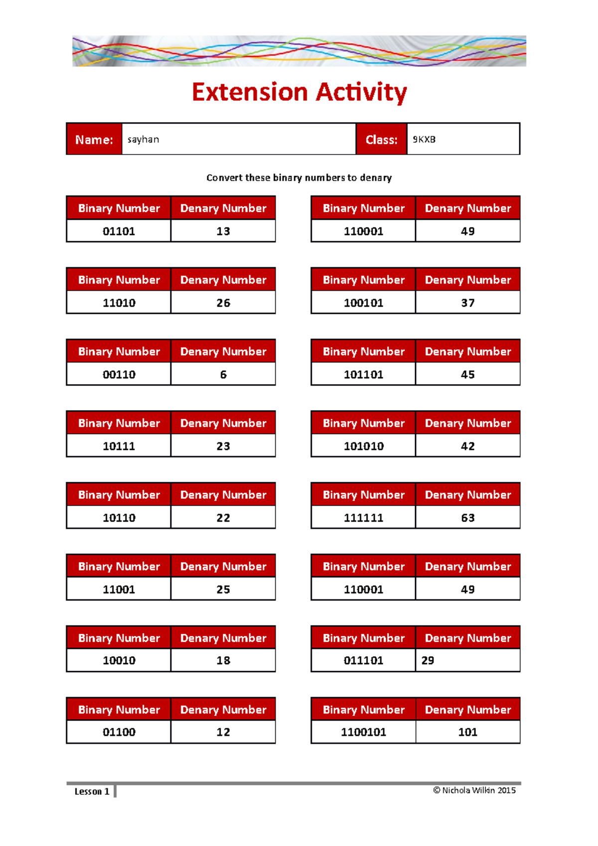 2.Lesson 1 - Extension Activity - Extension Activity Name: sayhan Class ...