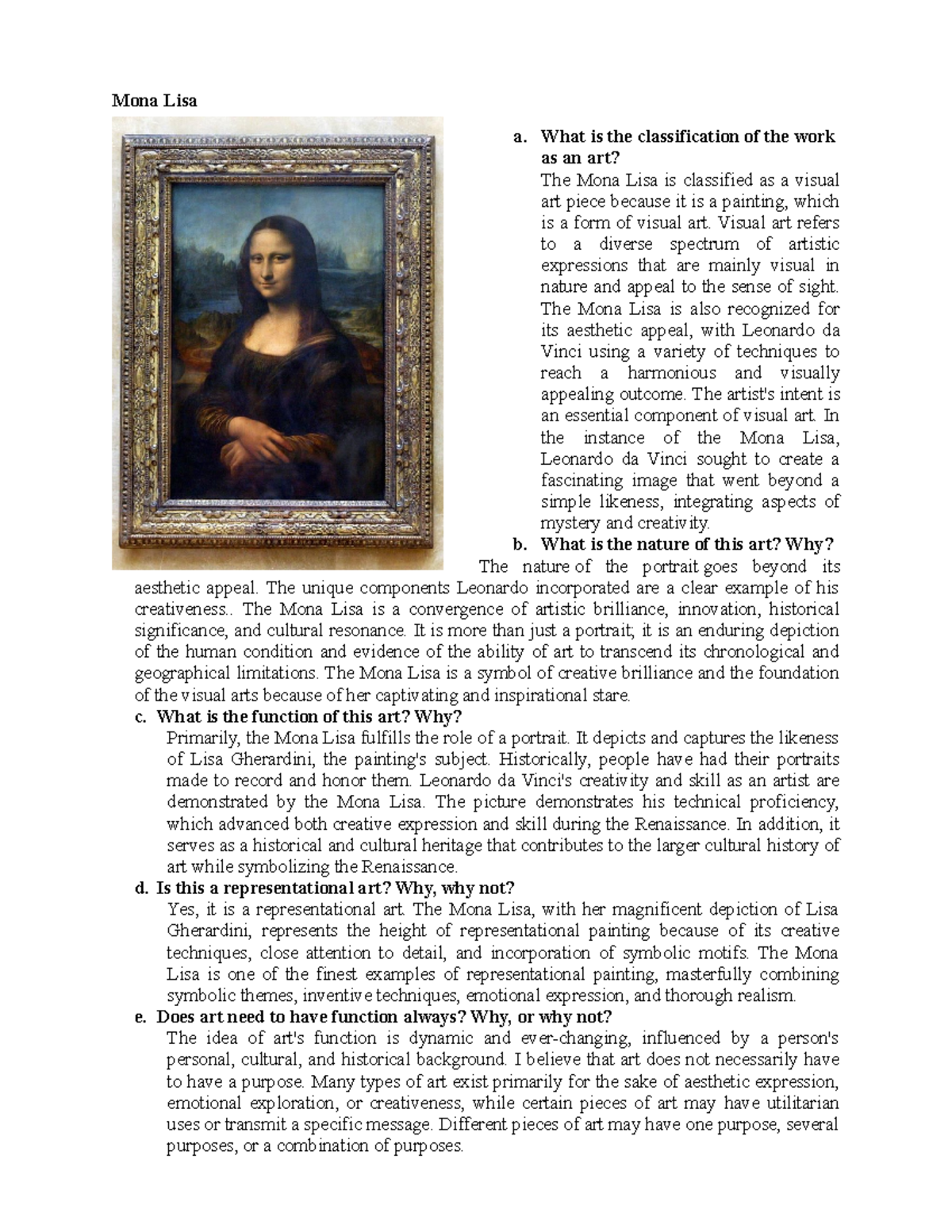Monalisa - Mona Lisa a. What is the classification of the work as an ...