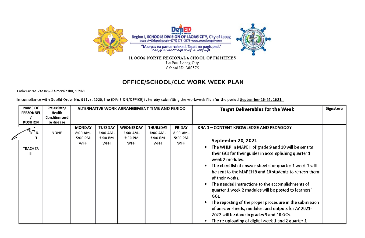 GDM WWP-Q1W2 Sept - WORK WEEK PLAN - ILOCOS NORTE REGIONAL SCHOOL OF ...
