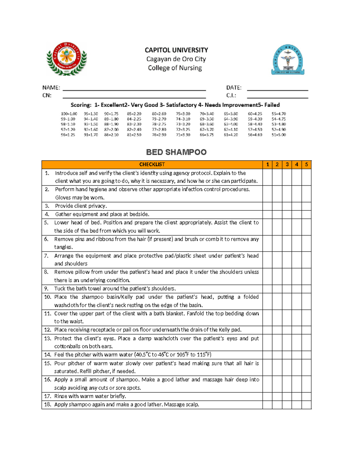 Checklist - BED SHAMPOO CHECKLIST 1 2 3 4 5 1. Introduce self and ...