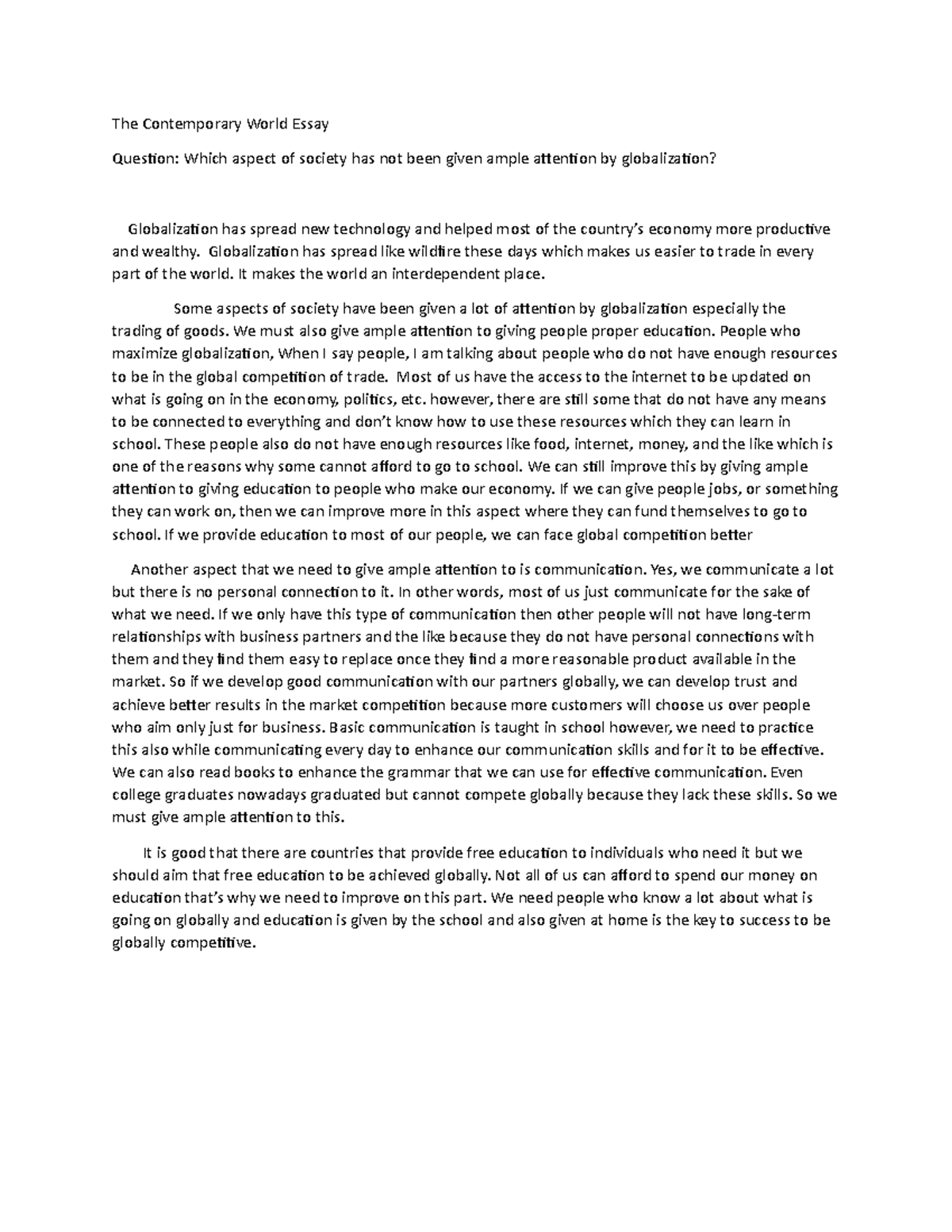 TCW Aspect of society - The Contemporary World Essay Question: Which ...