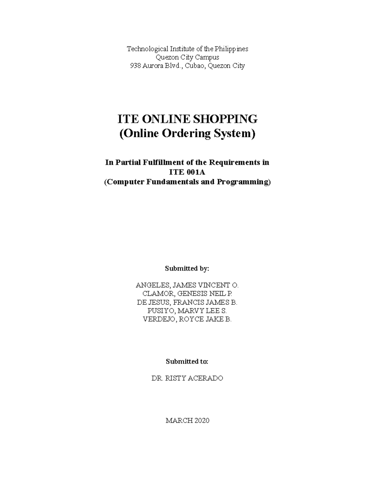 ITE Final PROJ-1 - Technological Institute of the Philippines Quezon ...