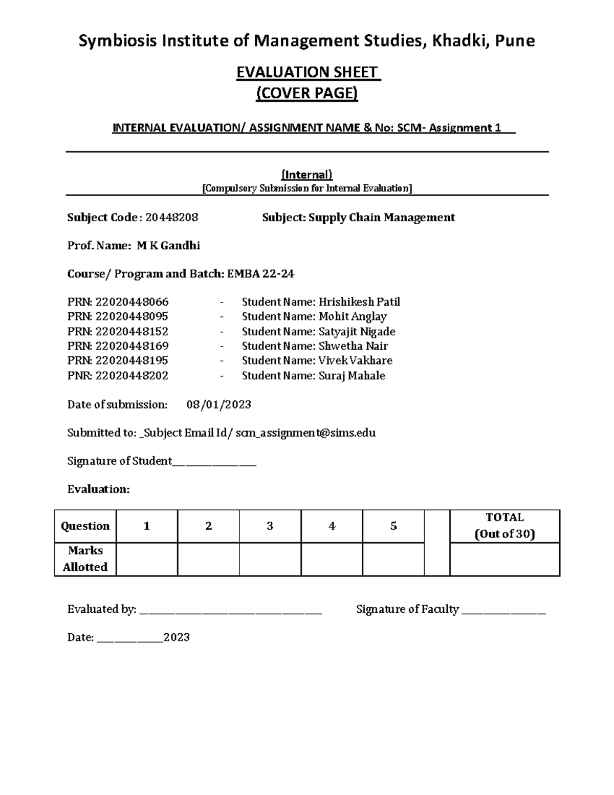 SCM Assignment 1 - Name: M K Gandhi Course/ Program and Batch: EMBA 22 ...