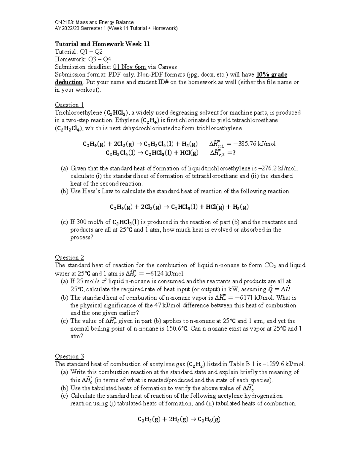 CN2103 Tutorial and Homework Week 11 - CN2103: Mass and Energy Balance ...
