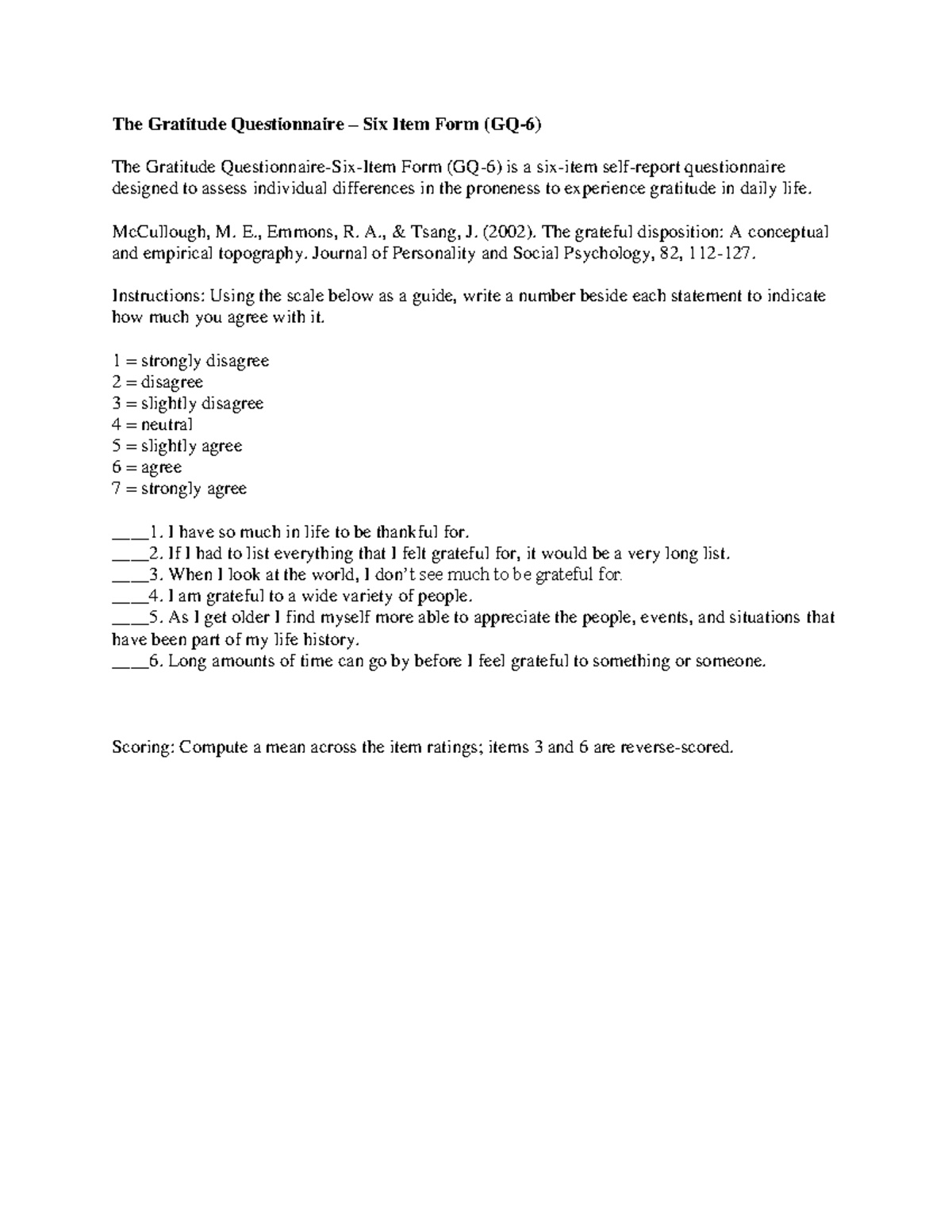The Gratitude Questionnaire - McCullough, M. E., Emmons, R. A., & Tsang ...