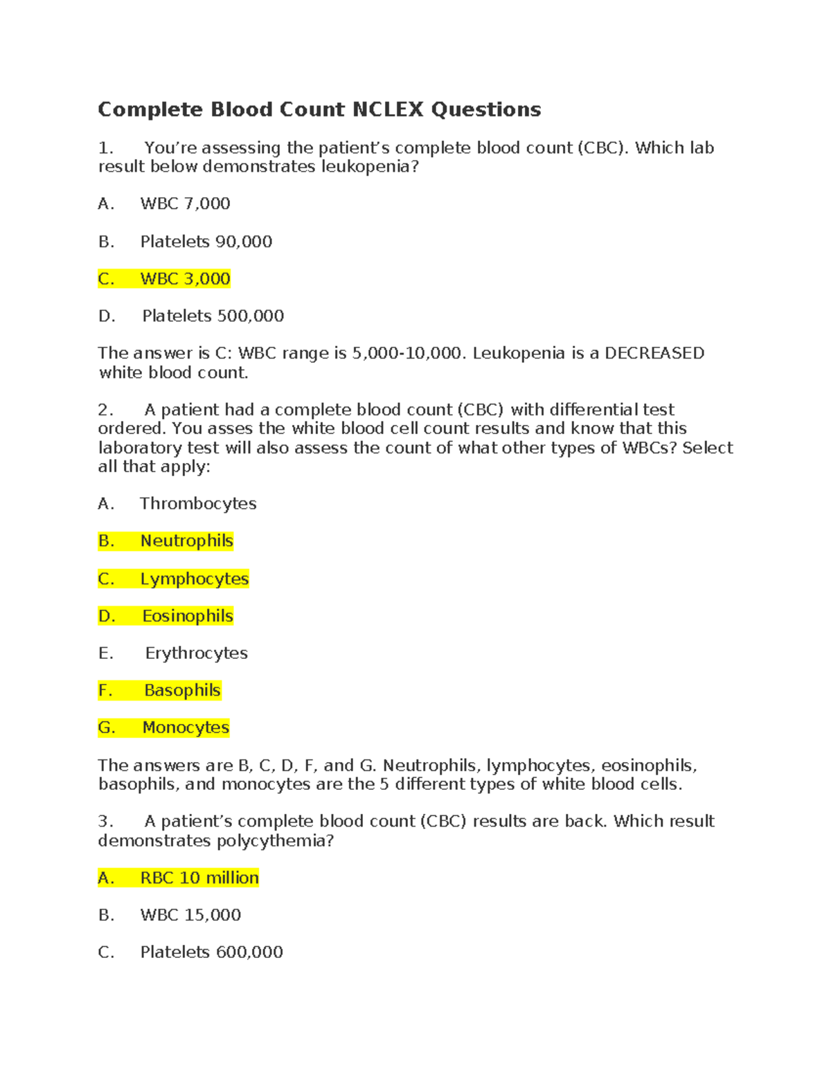 Hematology questions-2 - Complete Blood Count NCLEX Questions 1. You’re ...