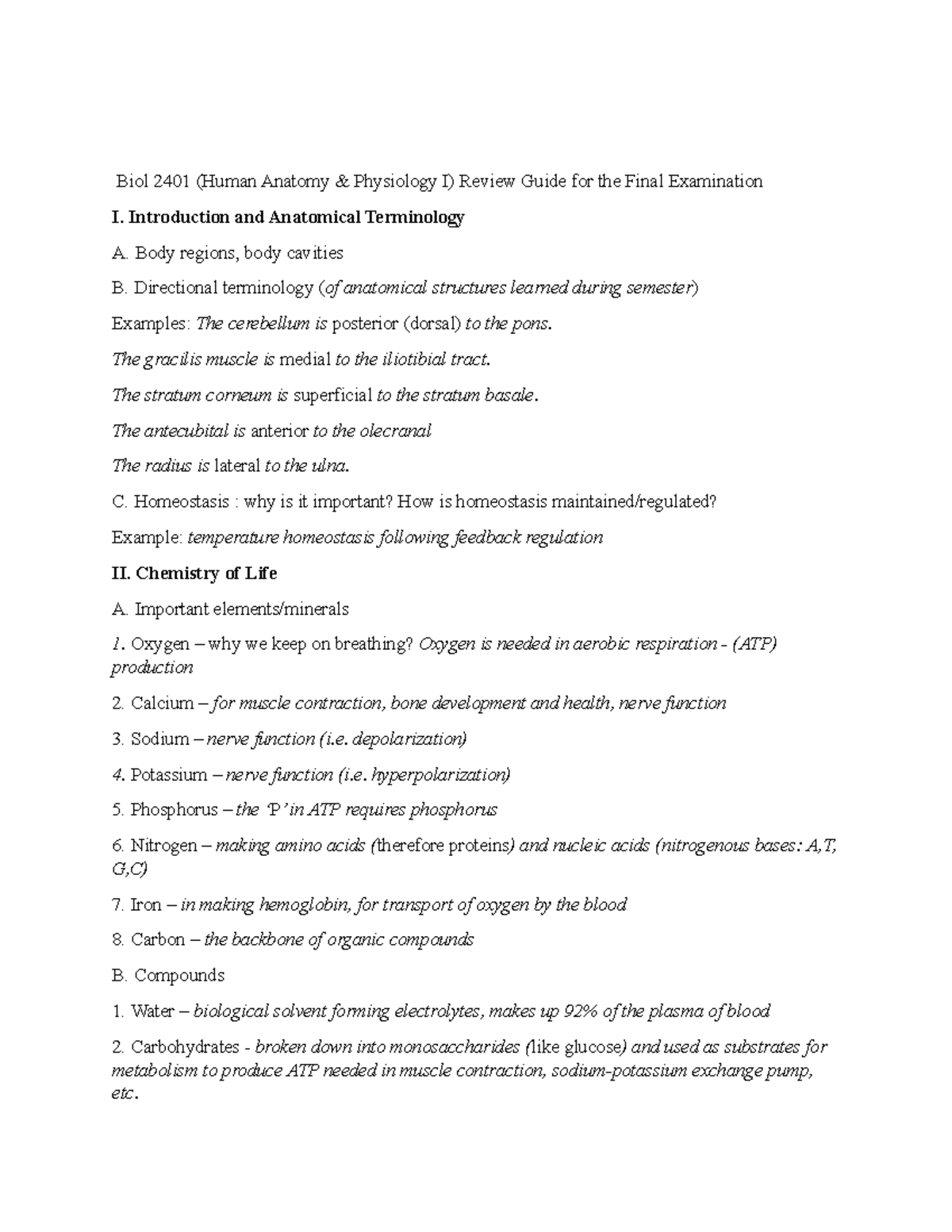 A& P I Final Study Guide - Biol 2401 (Human Anatomy & Physiology I ...