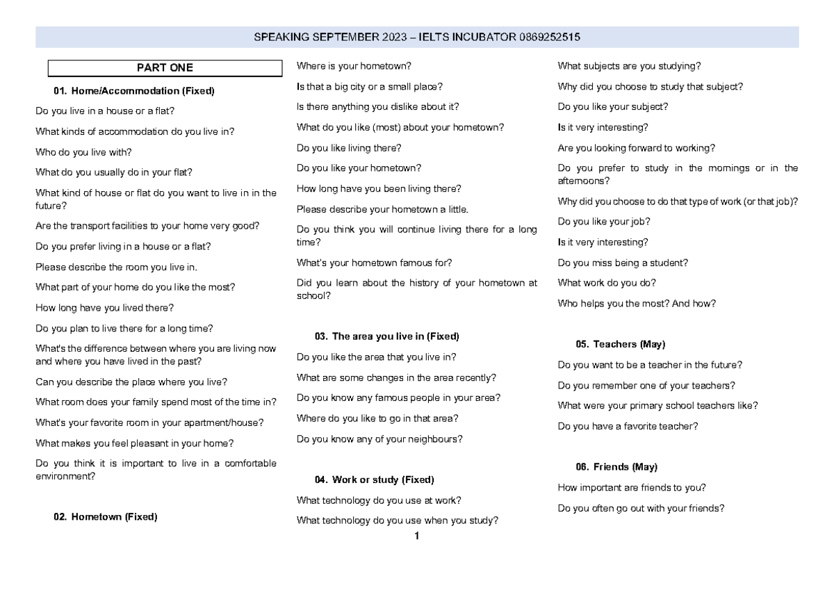 20230910 Speaking September 2023 Questions - PART ONE Home ...