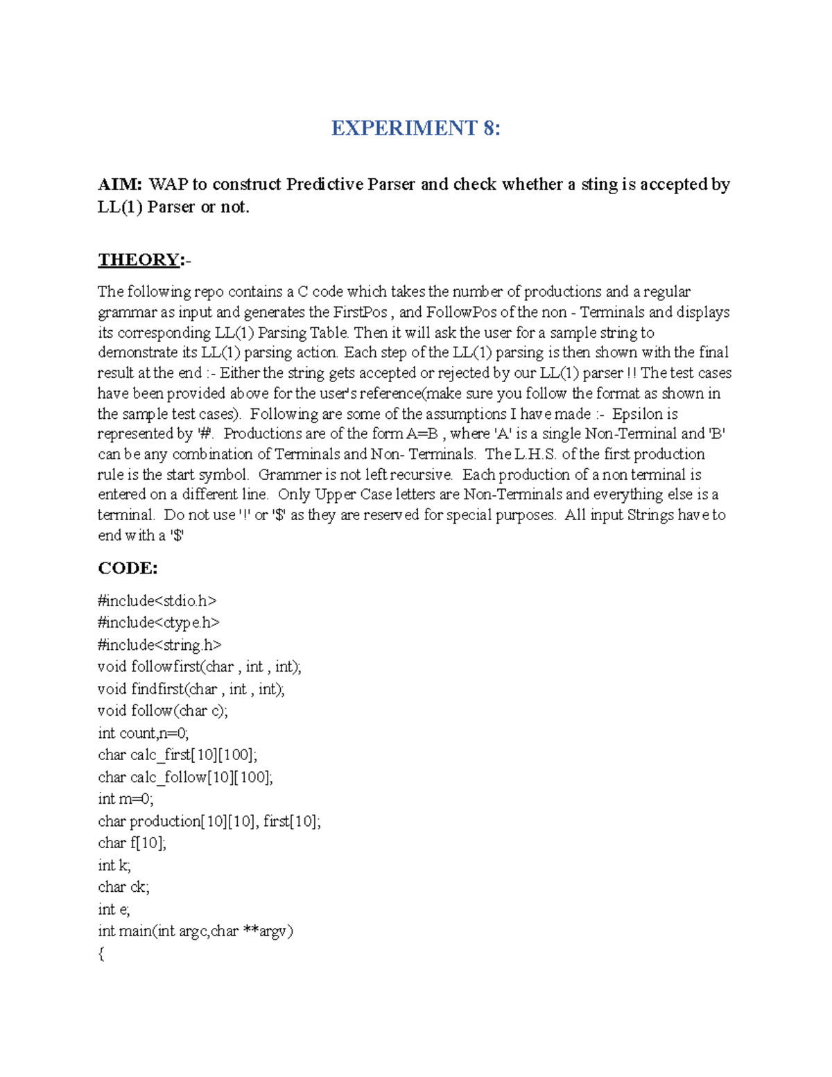 Lab 8 CC - compiler - EXPERIMENT 8: AIM: WAP to construct Predictive ...