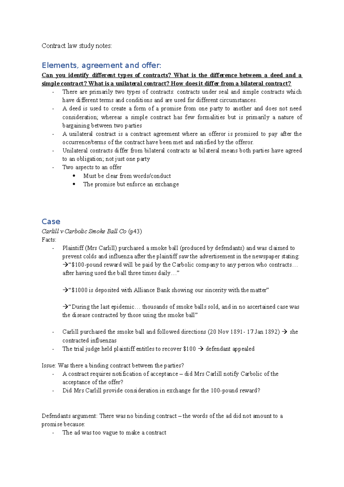 Contract law study notes - Contract law study notes: Elements ...