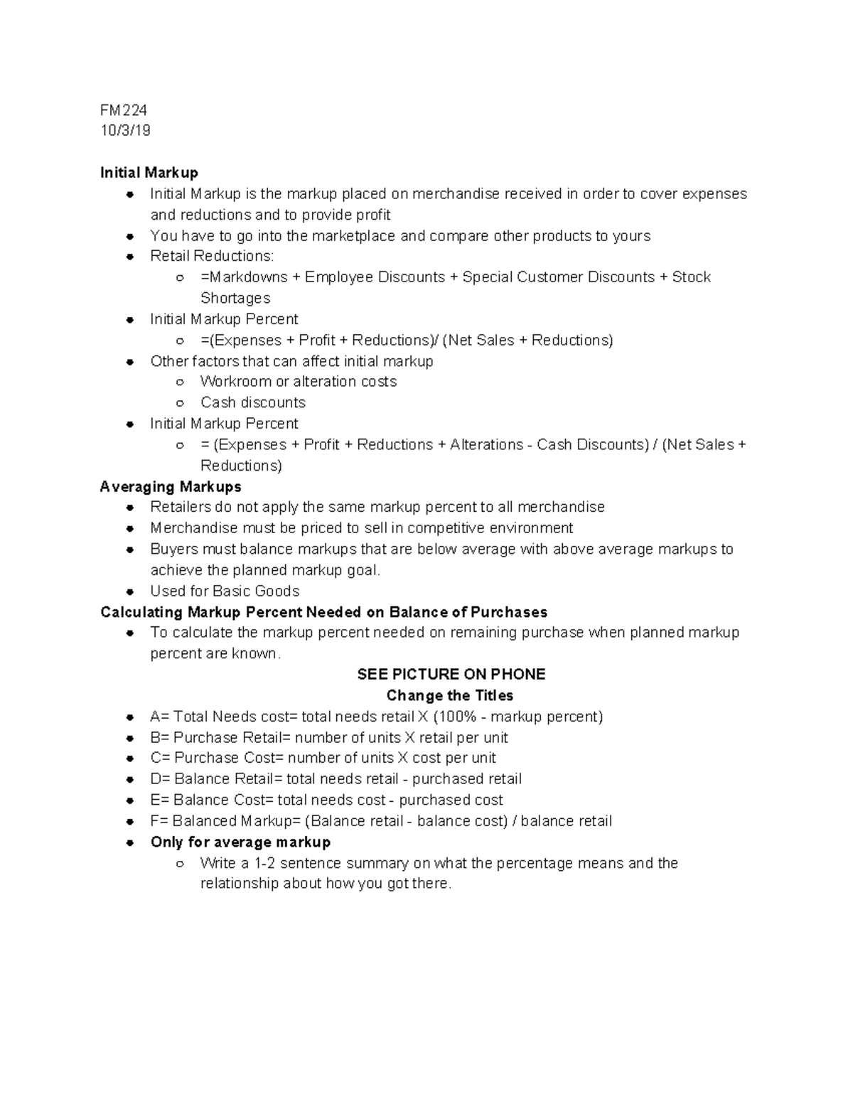 10 3 19 - Markups - FM 10/3/ Initial Markup Initial Markup is the ...
