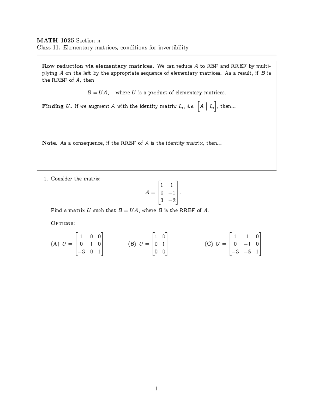 Class 11 Notes - MATH 1025 Section n Class 11: Elementary matrices ...