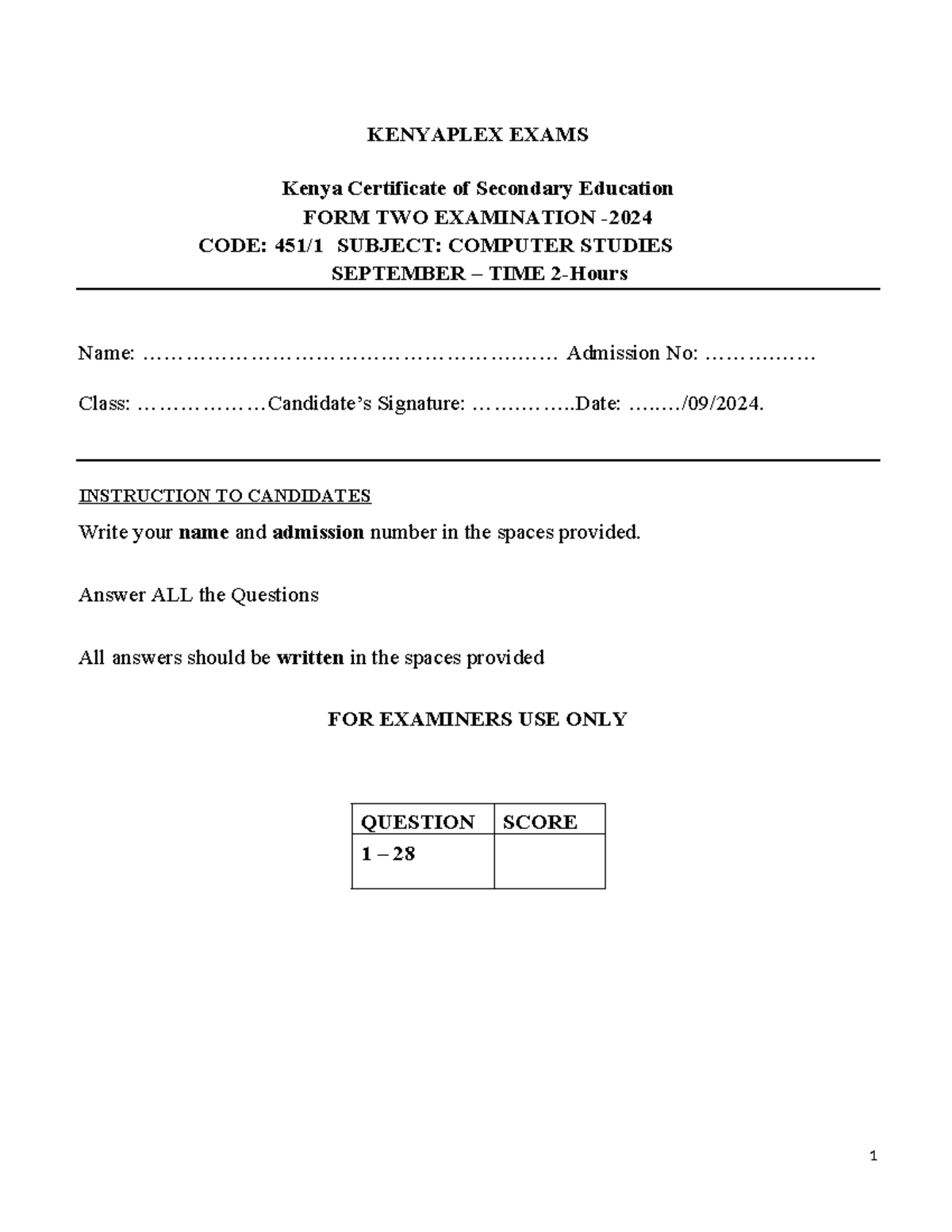 3075 form 2 computer studies term 3 opener exam 2024 version 2 pdf ...