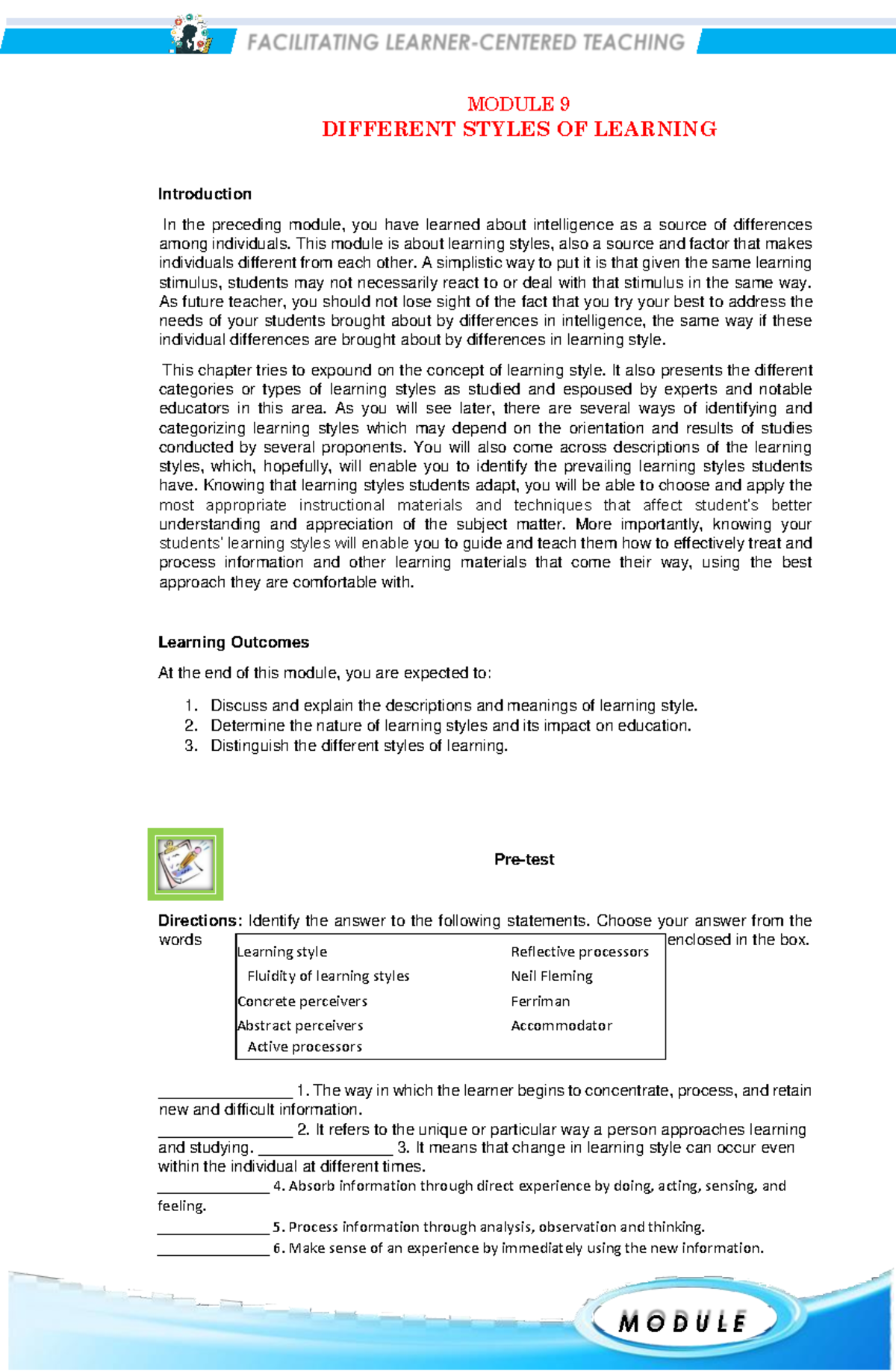FLCT-Module 9 - NOTES - MODULE 9 DIFFERENT STYLES OF LEARNING ...