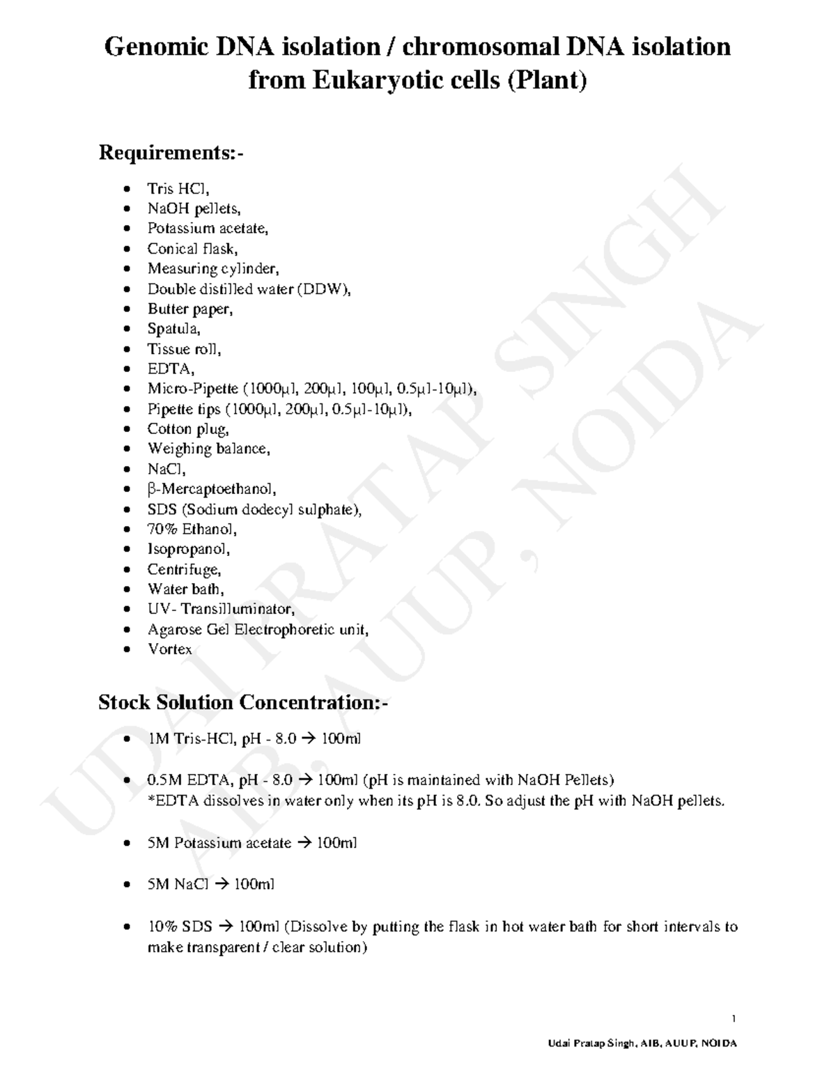 Genomic Dna Isolation Protocol From Plants Udai Pratap Singhaib Auup Noida Udai Pratap