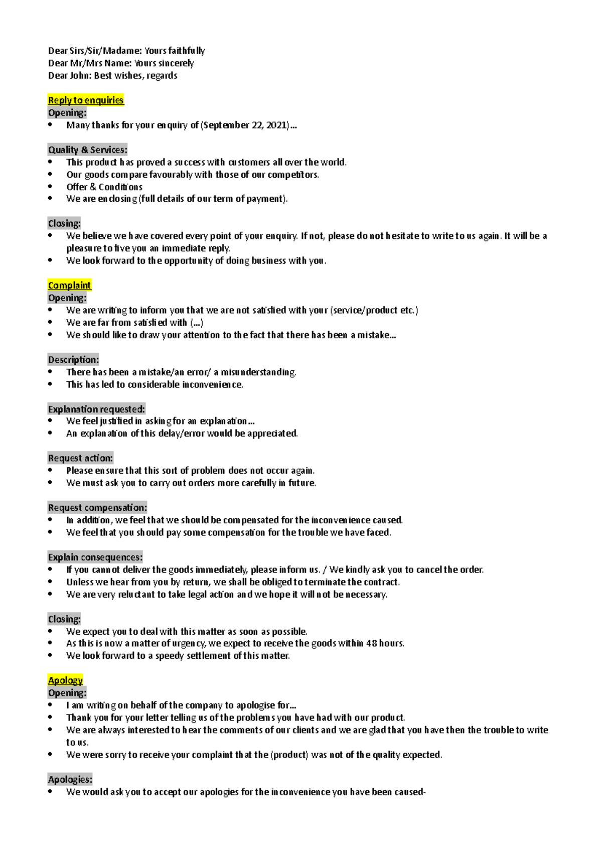 BW Writing Important Content and Examples - Dear Sirs/Sir/Madame: Yours ...