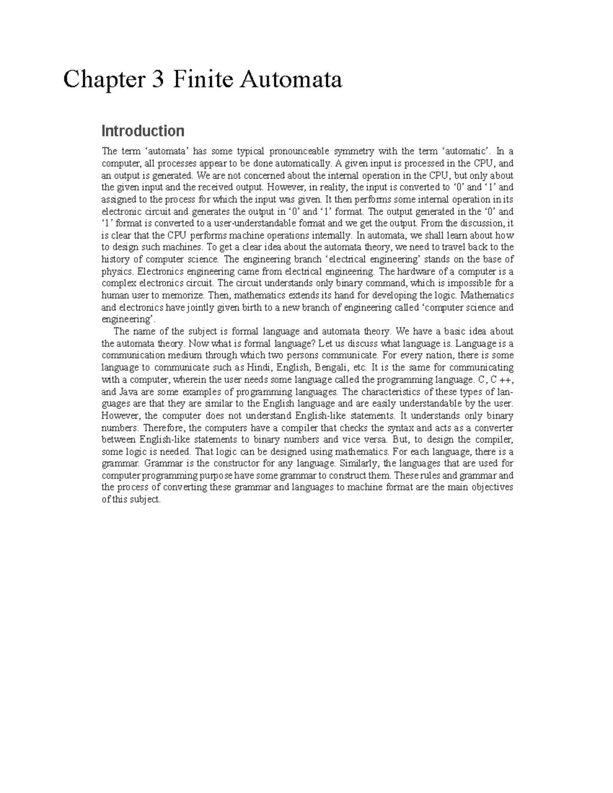 Chapter 3 student handout - Chapter 3 Finite Automata Introduction The ...