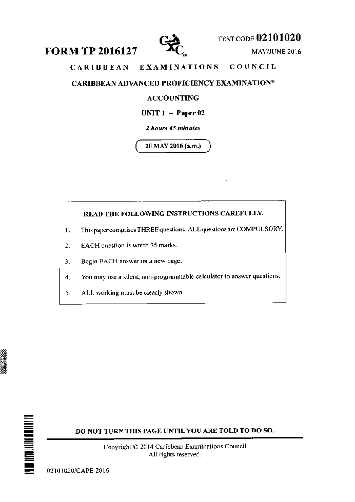 381193962 CAPE Accounting 2016 U1 P2 - % TEST CODE O2IOIO2O fx .t"BIM ...