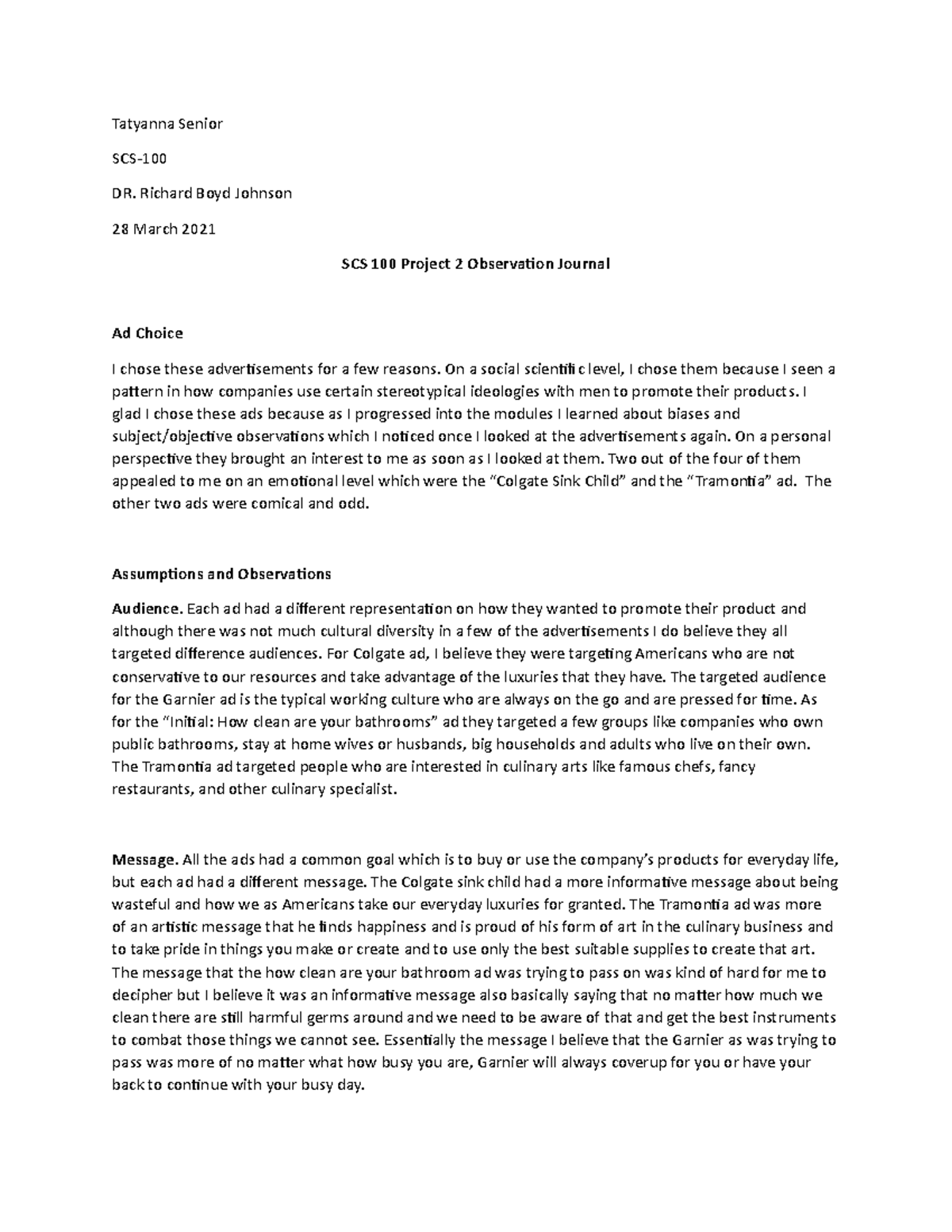 scs 100 Project 2 Observation Journal - Tatyanna Senior SCS- DR ...