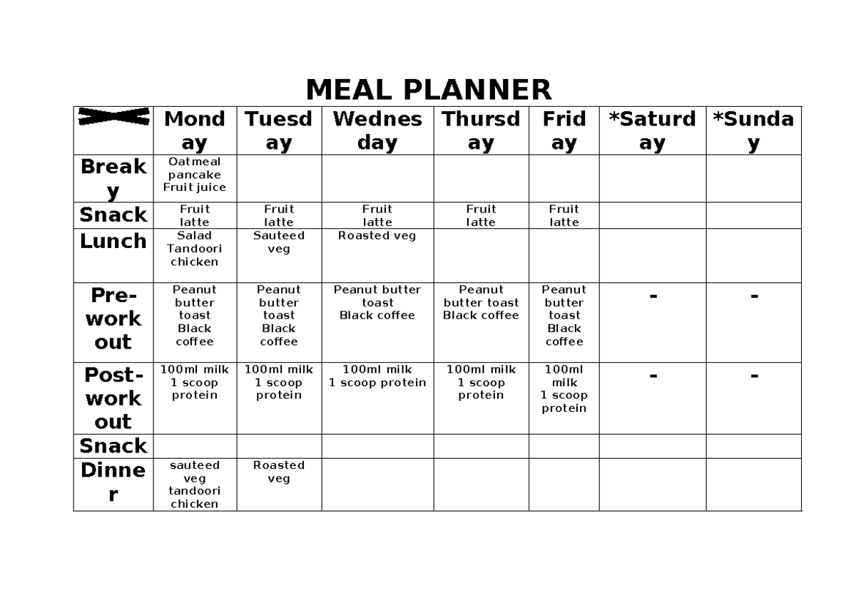 MEAL Planner - DJHDF - MEAL PLANNER Mond ay Tuesd ay Wednes day Thursd ...