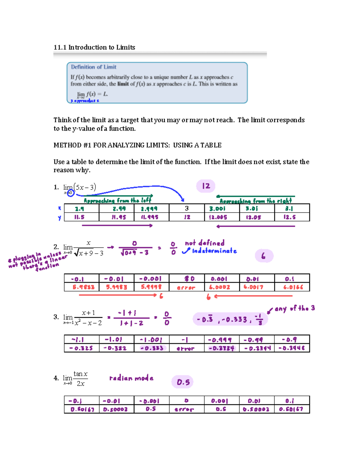 11.1 2021 - notes - 11 Introduction to Limits Think of the limit as a ...