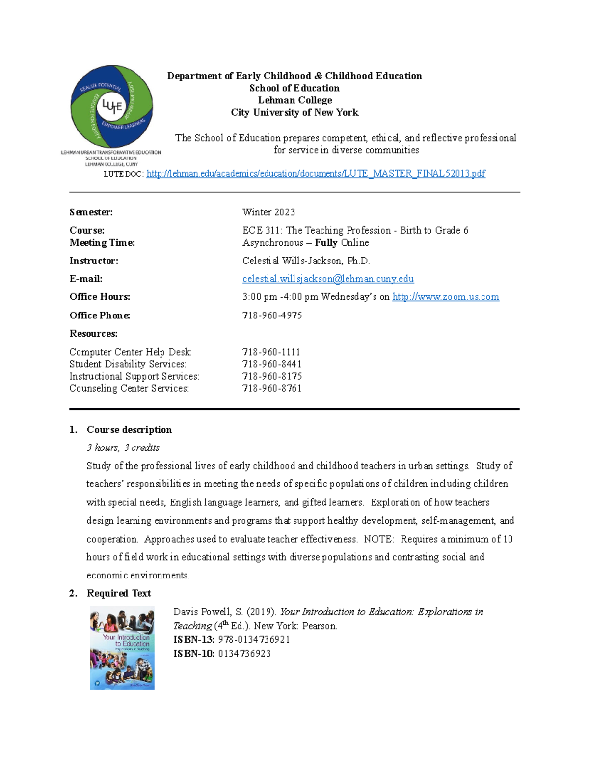 Syllabus FOR class - Department of Early Childhood & Childhood ...