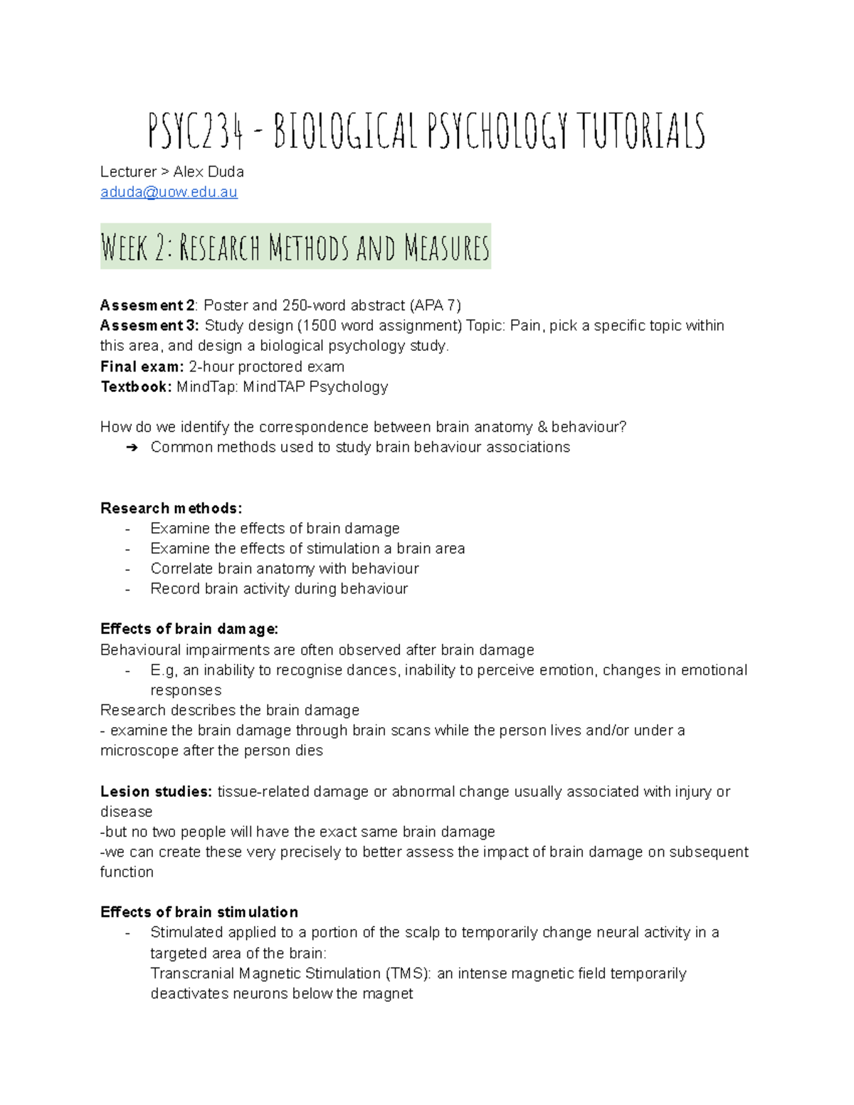 PSYC234 - Biological psychology Notes tutorials - PSYC234 - BIOLOGICAL ...