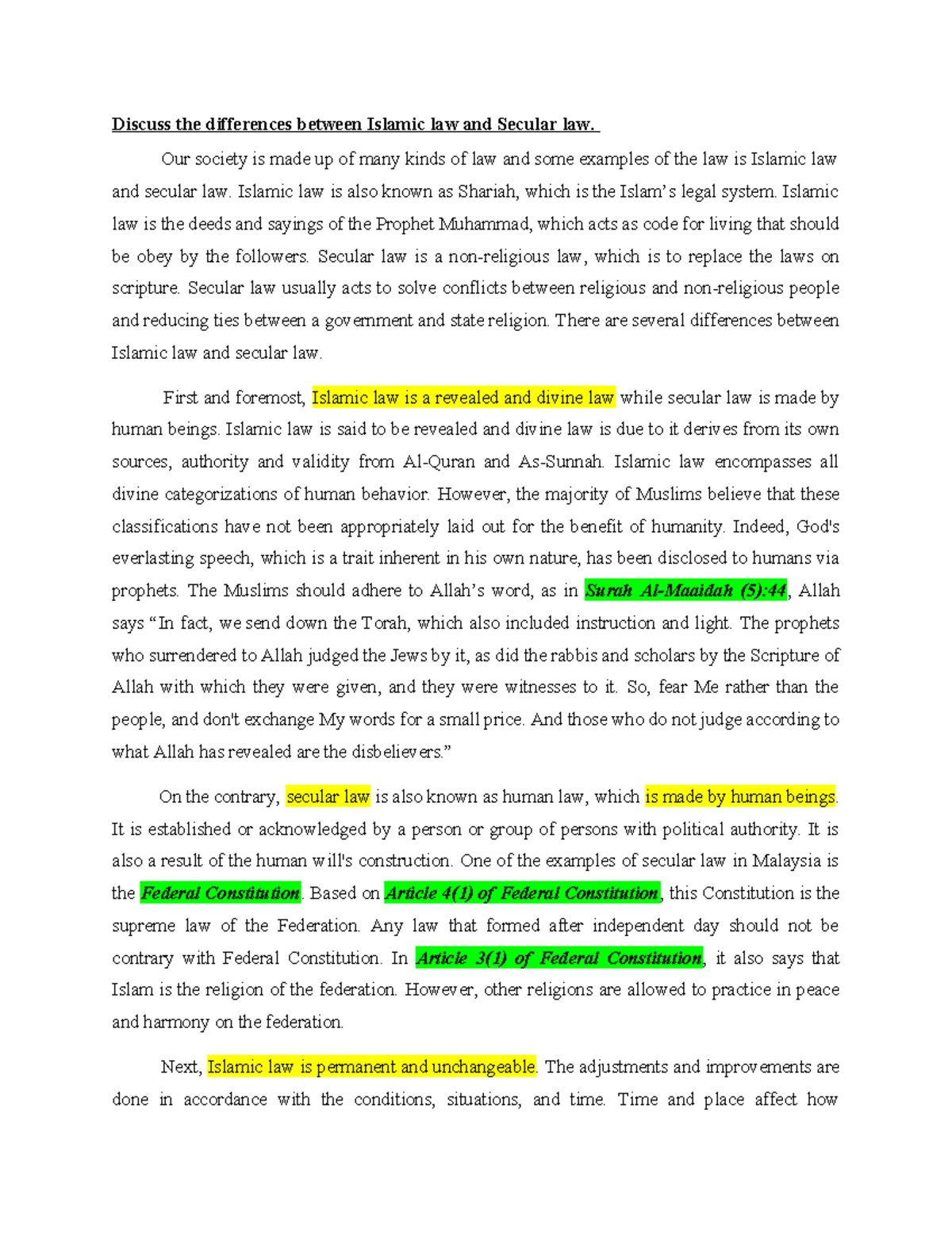 PSL chap1 difference between islamic law and secular law - Discuss the ...