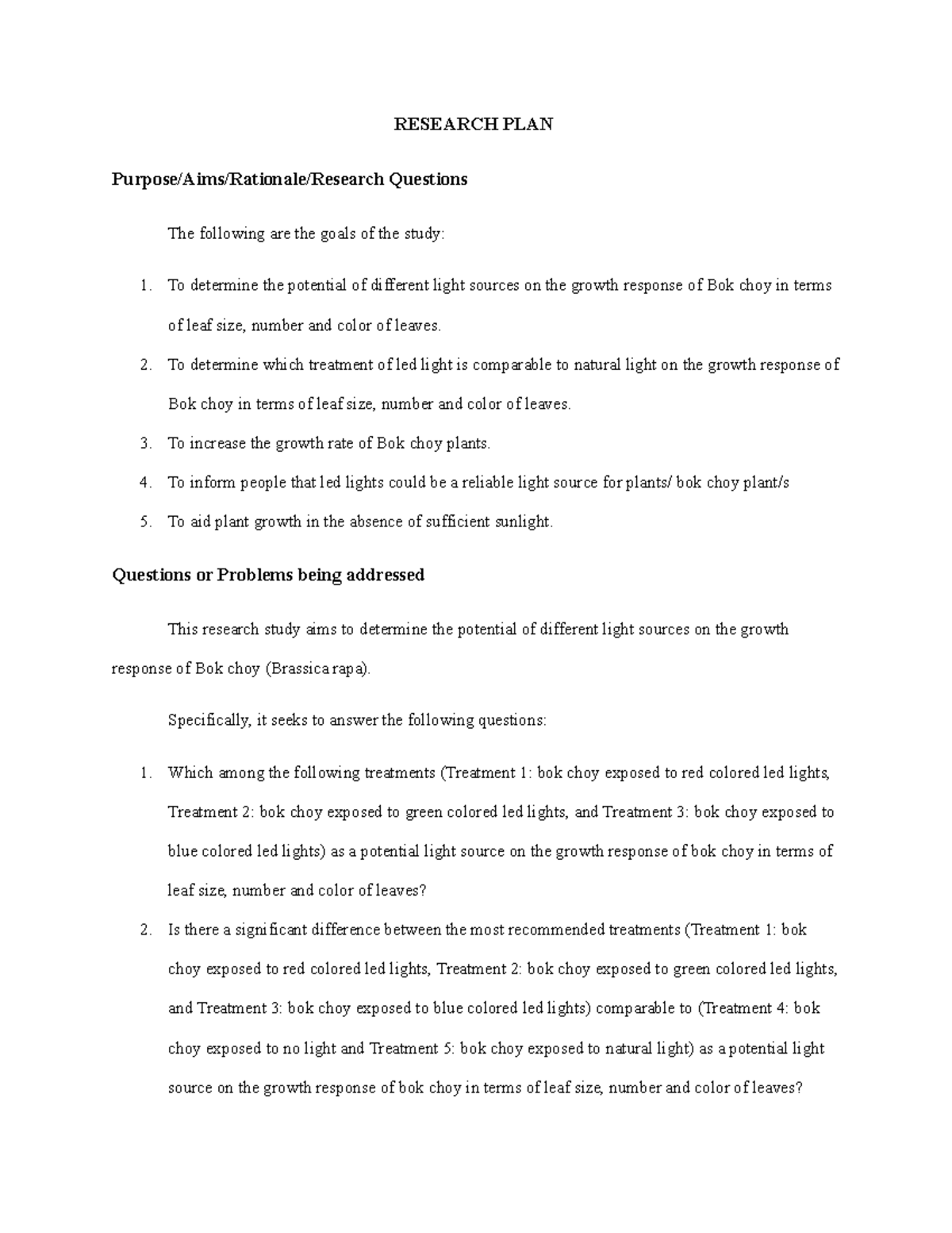 Research plan Growth Response of Bok Choy (Brassica rapa) on the ...