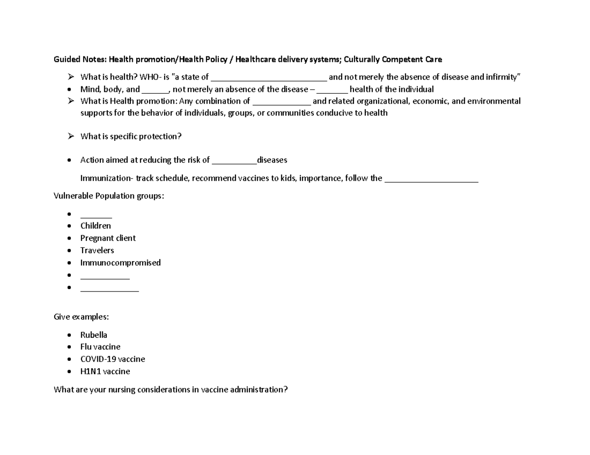 Health Promotion and Healthcare systems student - Guided Notes: Health ...