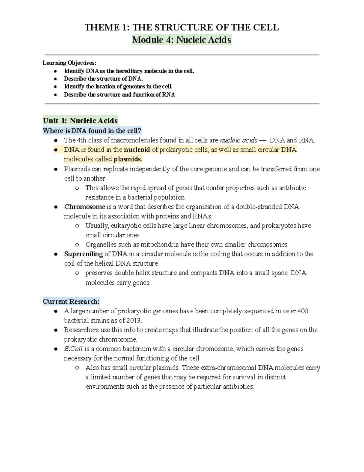 Biology 1A03 T1M4 - Lecture notes Theme 1 Module 4 - THEME 1: THE ...