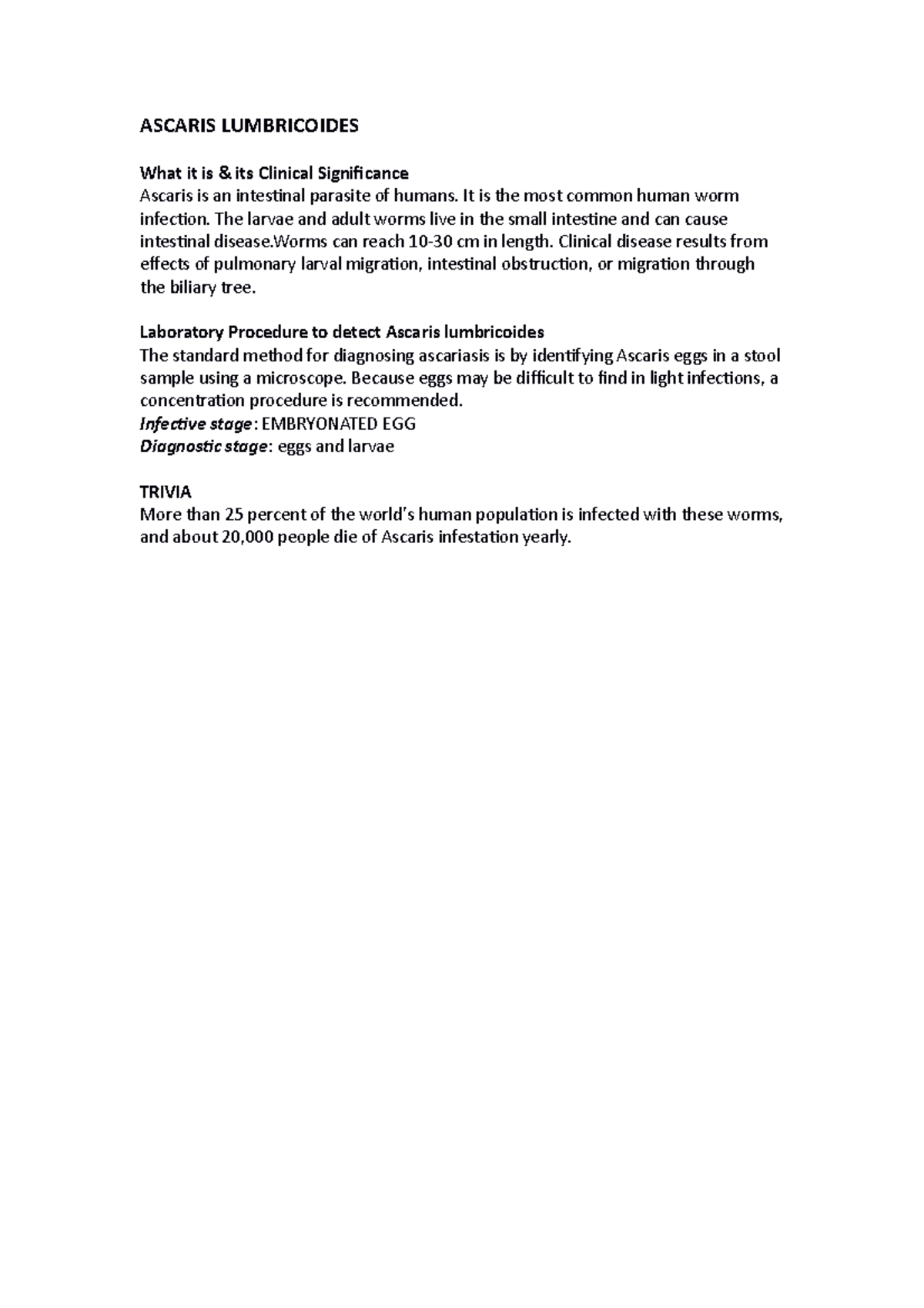 Helminth - Ascaris lumbricoides - ASCARIS LUMBRICOIDES What it is & its ...