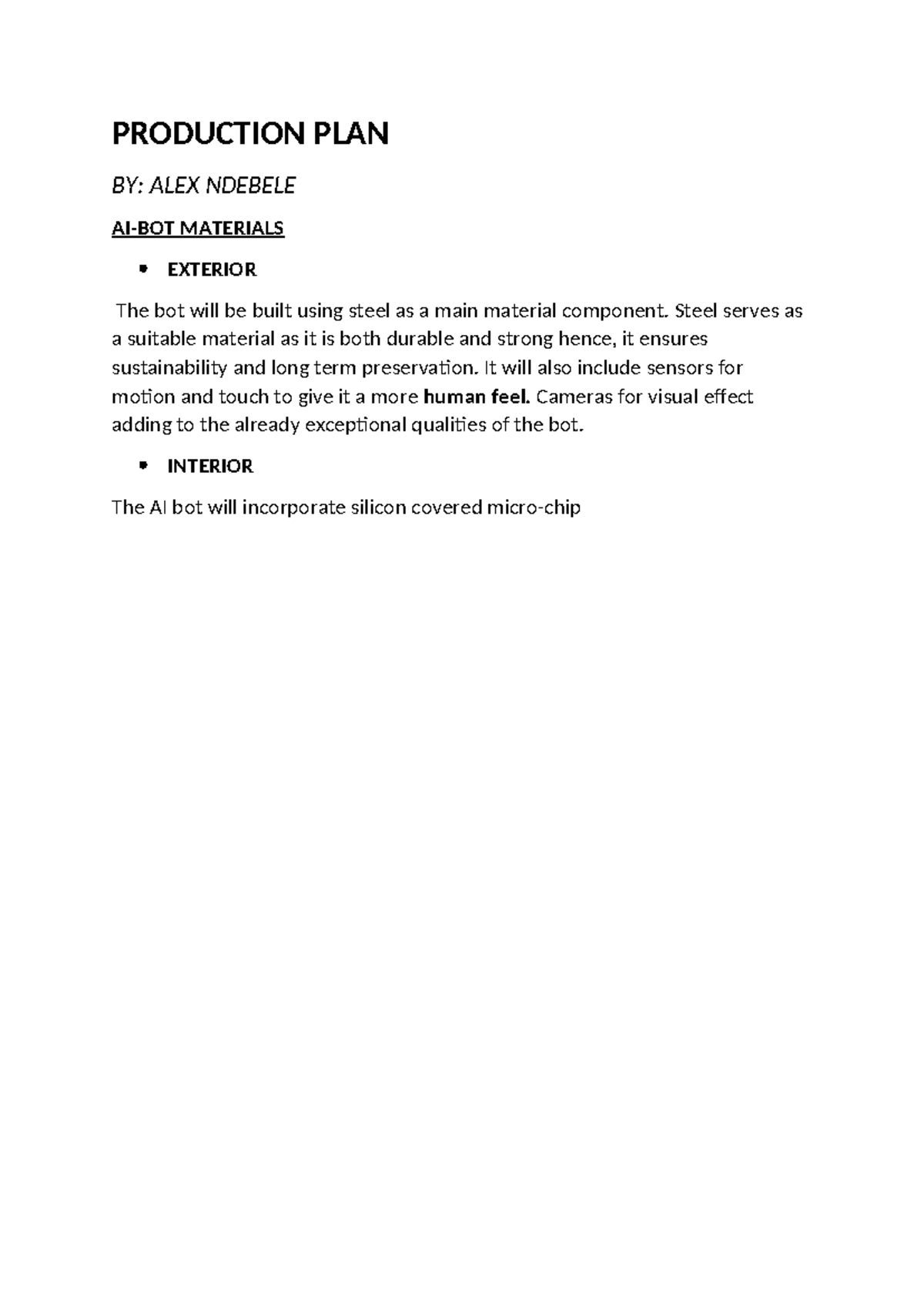 Production PLAN - PRODUCTION PLAN BY: ALEX NDEBELE AI-BOT MATERIALS ...