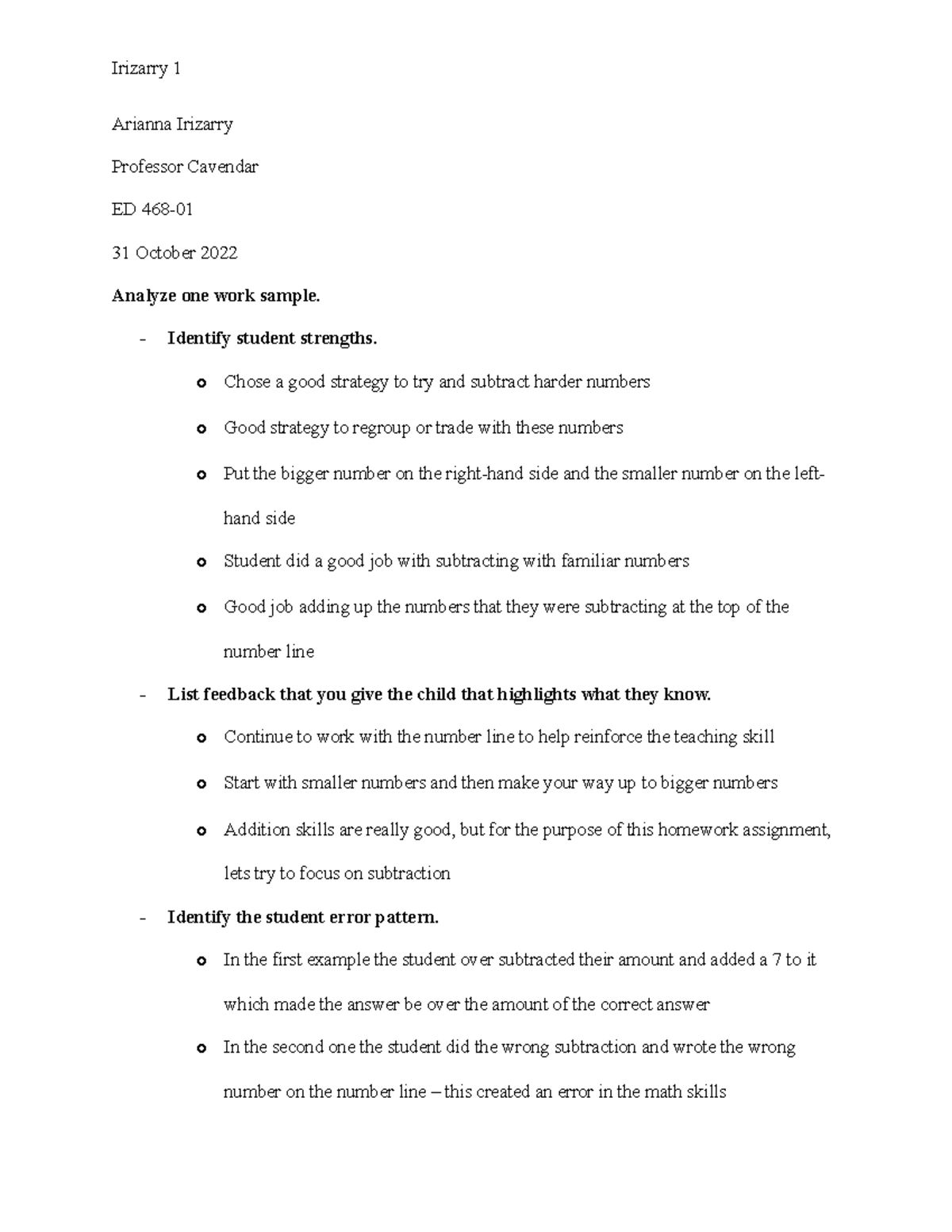 Irizarry - Student Work Sample Analsis Task - Irizarry 1 Arianna ...
