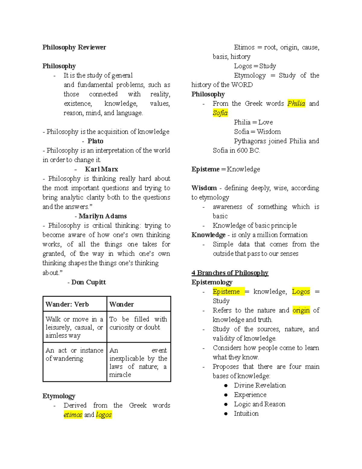 Philo rev - Philosophy Reviewer Philosophy - It is the study of general ...