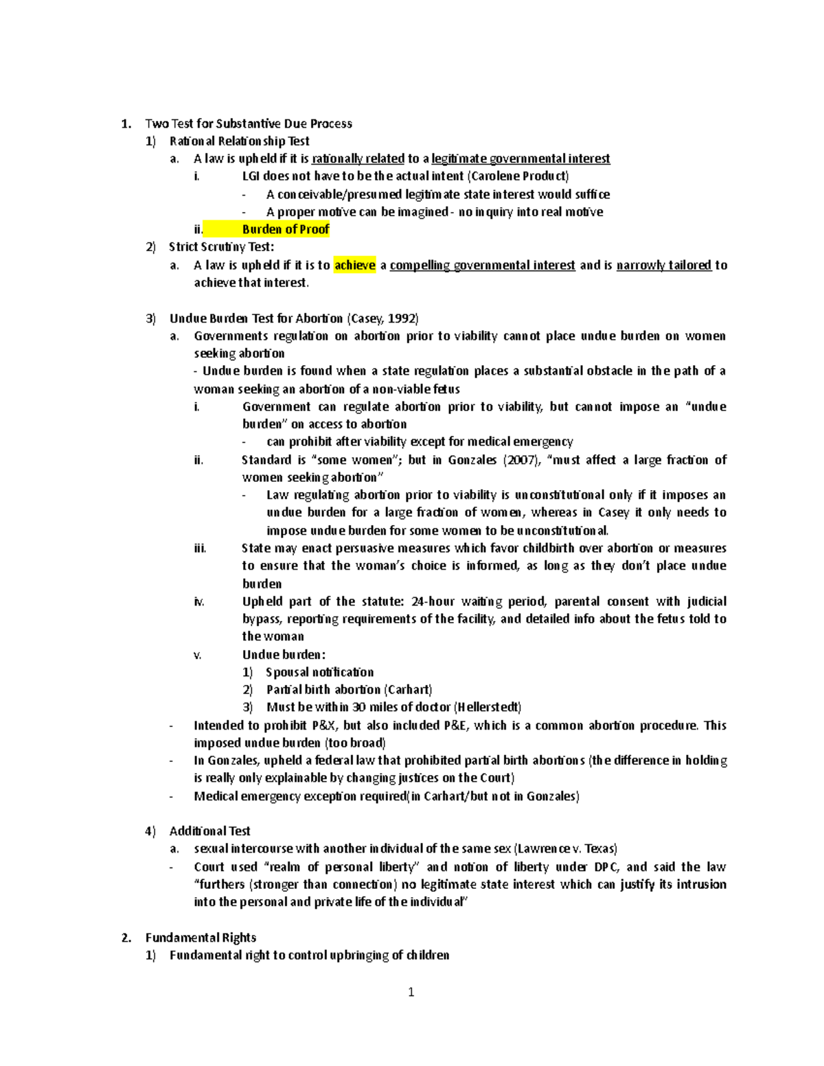 Due Process Outline - 1. Two Test for Substantive Due Process 1 ...