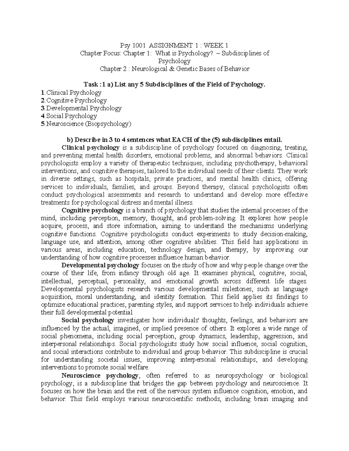 WORD - Psy 1001 ASSIGNMENT 1 : WEEK 1 Chapter Focus: Chapter 1: What is Psychology ...