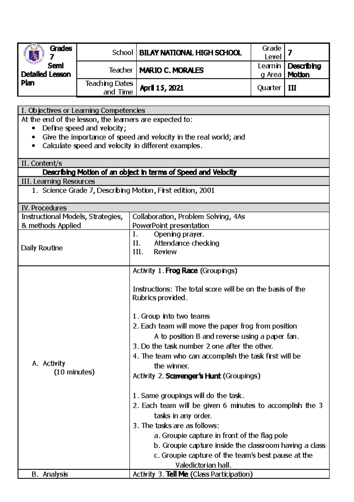 Describing Motion 2 - thank you - Grades 7 Semi Detailed Lesson Plan ...