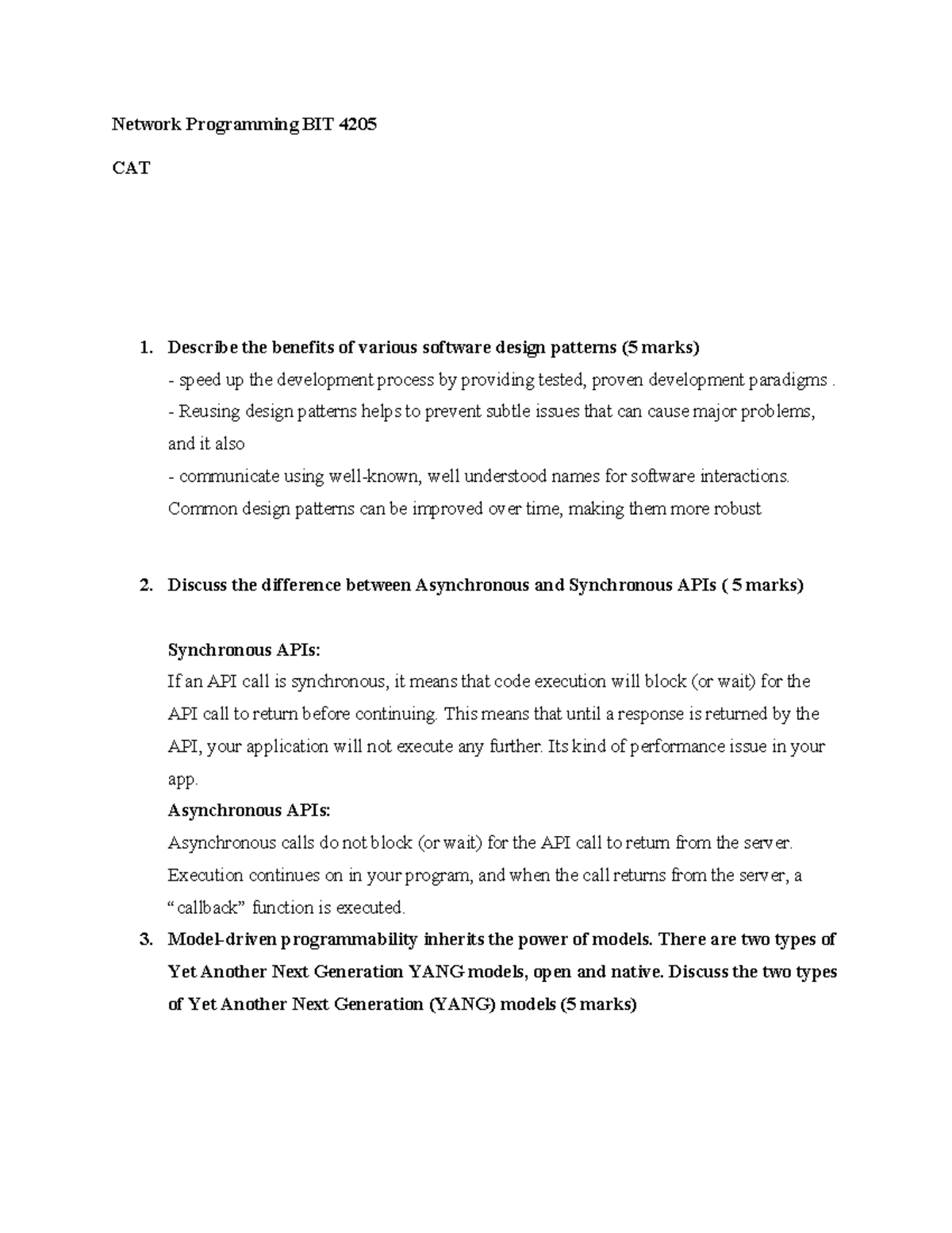 Net programmming - Programming - Network Programming BIT 4205 CAT 1. Describe the benefits of ...