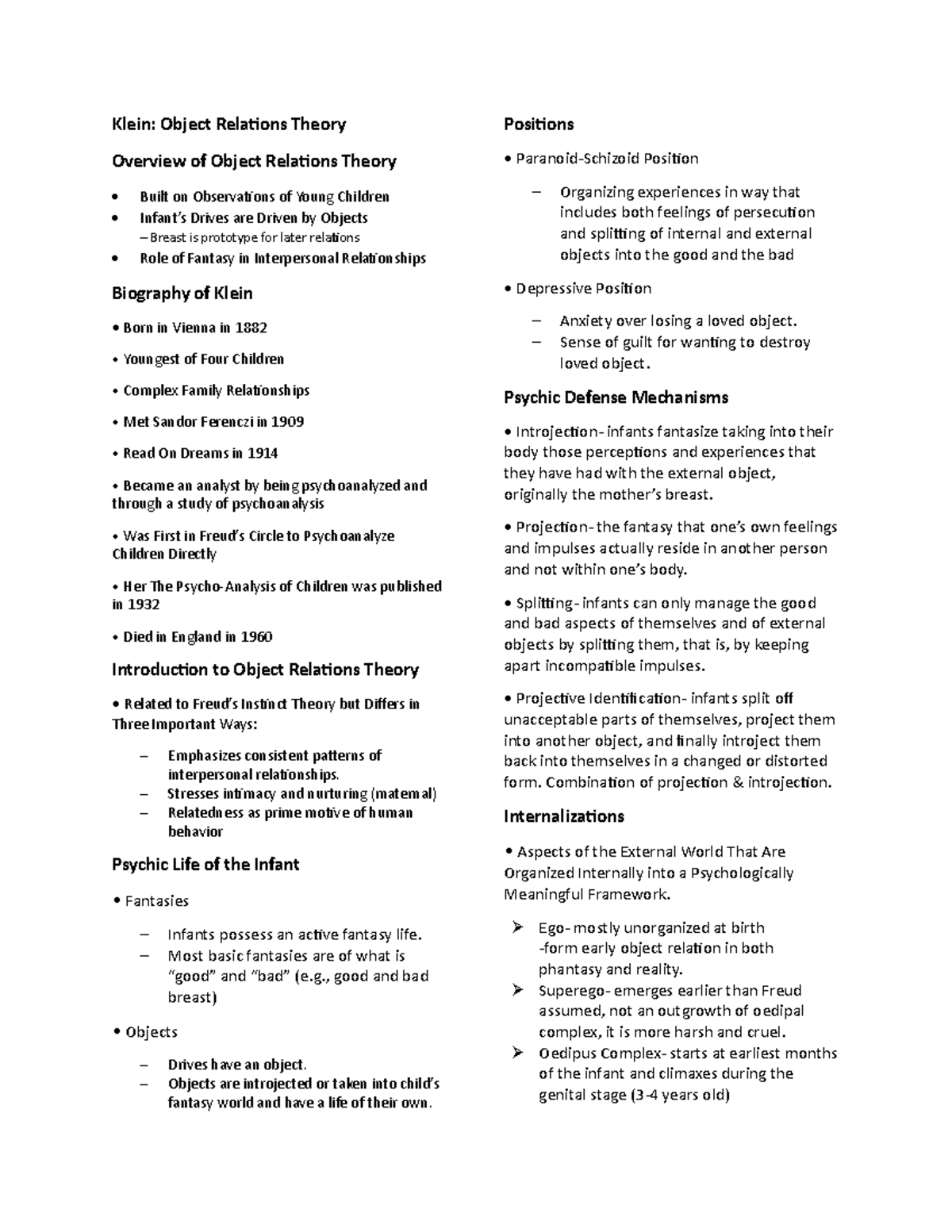 Klein Reviewer - Klein: Object Relations Theory Overview of Object ...