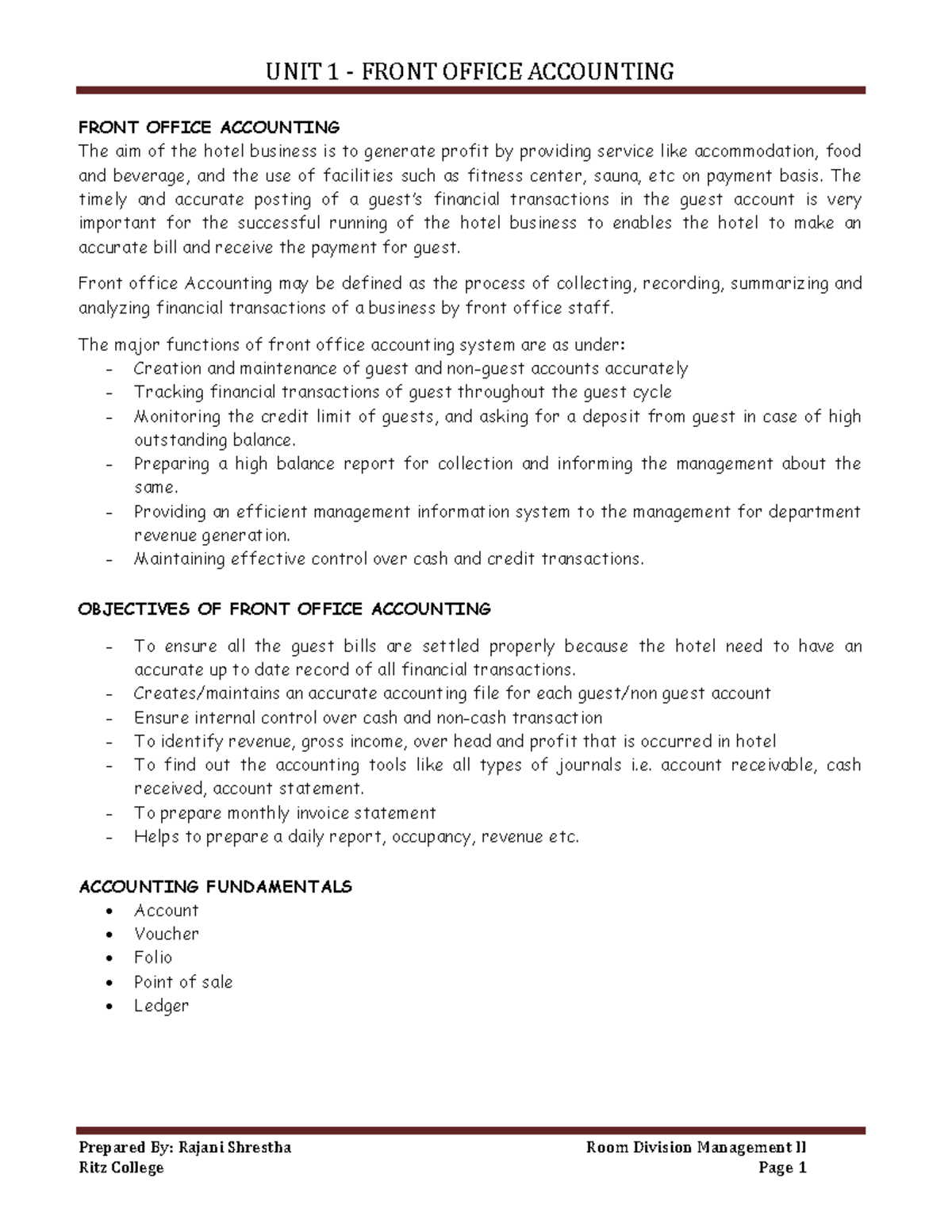 Unit 1 Front Office Accounting - Prepared By: Rajani Shrestha Room ...