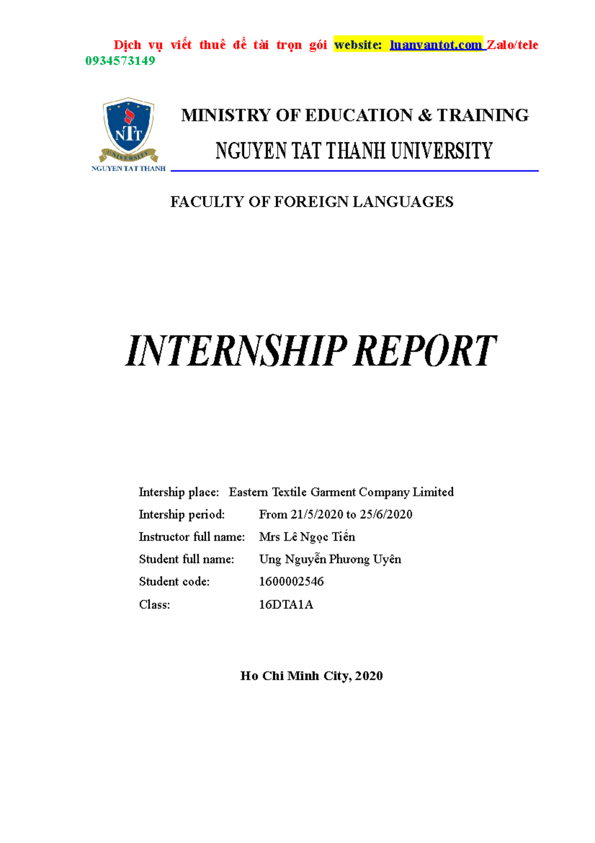 Internship Report Faculty Of Foreign Languages - 0934573149 MINISTRY OF ...