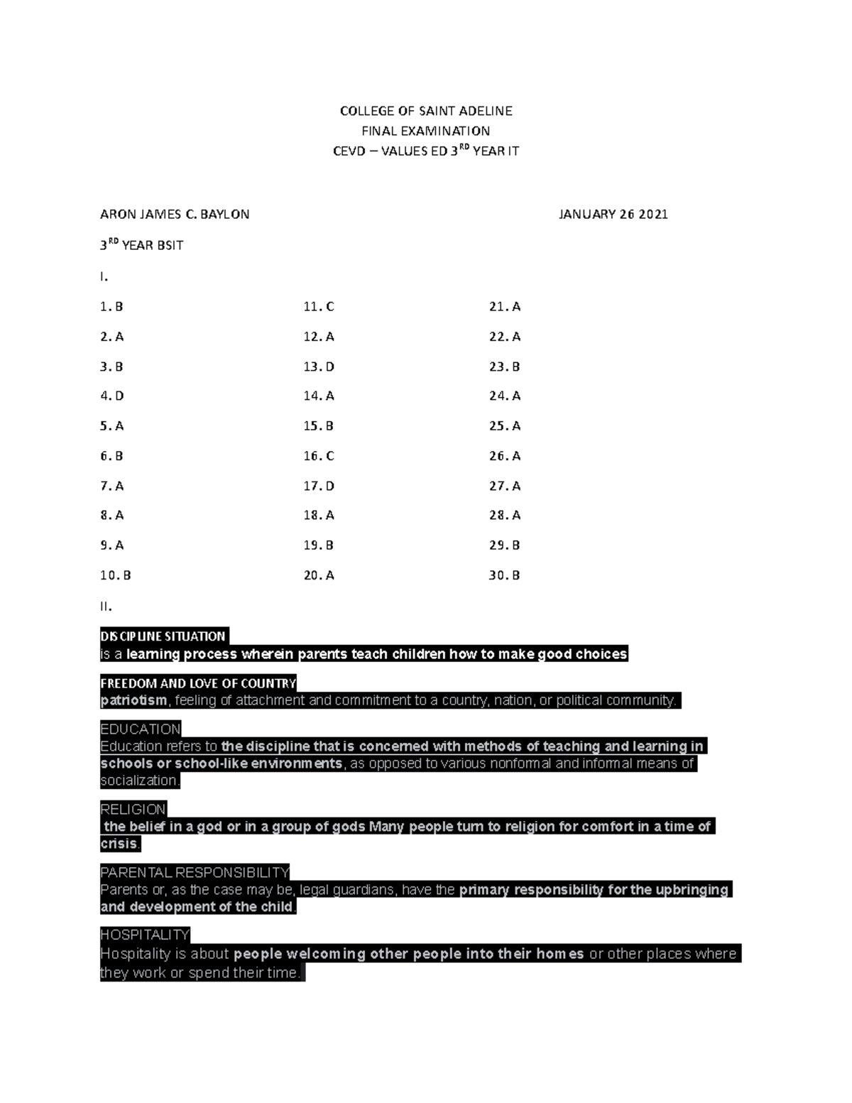 College OF Saint Adeline - COLLEGE OF SAINT ADELINE FINAL EXAMINATION ...
