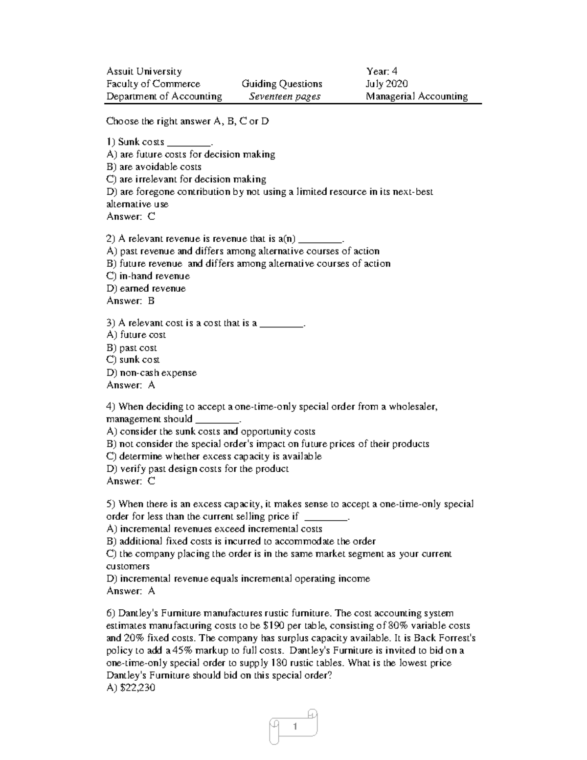 Managerial accounting mcq - Assuit University Year: 4 Faculty of ...