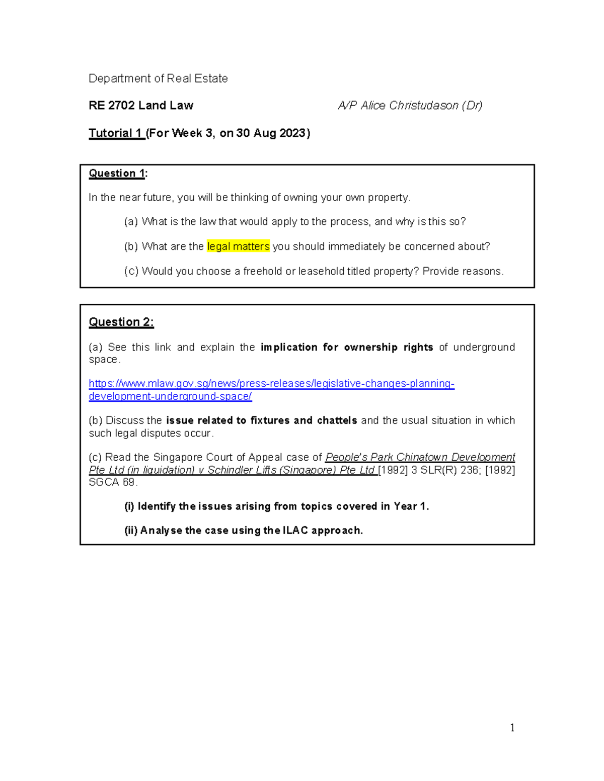 RE2702 Tutorial 1-1 - Department of Real Estate RE 2702 Land Law A/P ...
