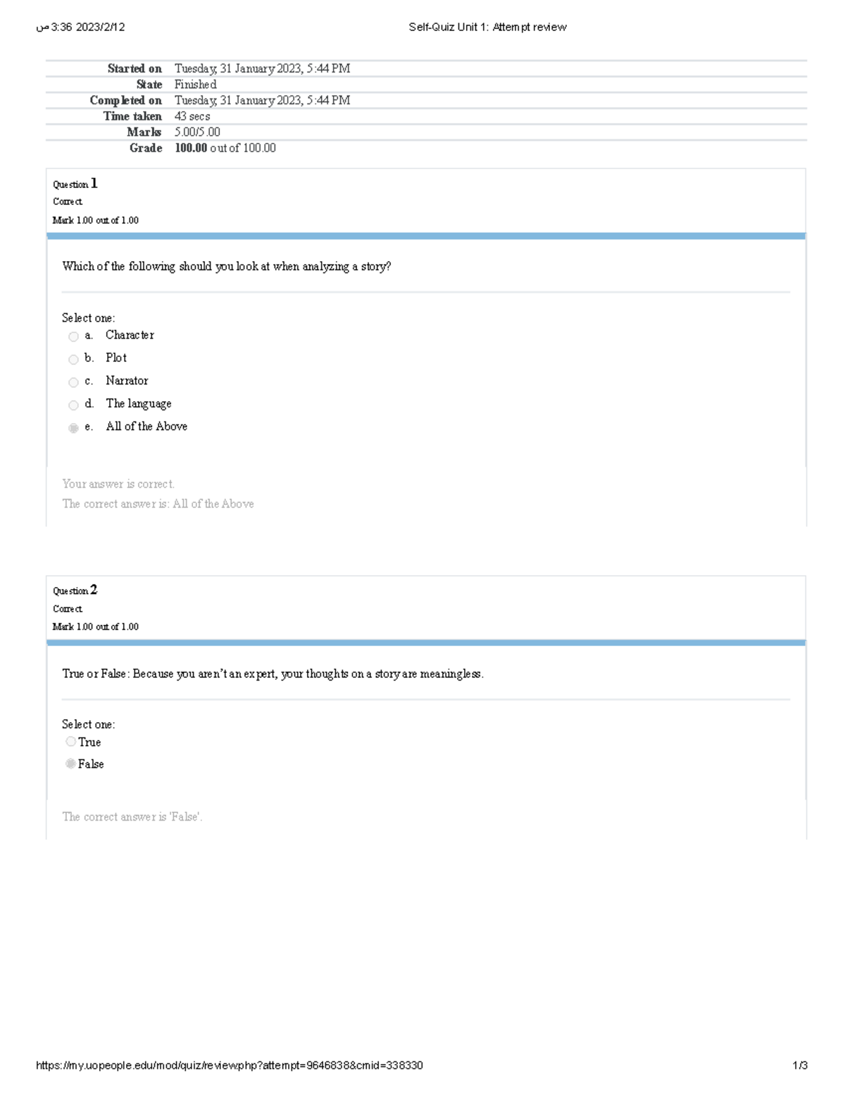 Self-Quiz Unit 1 Attempt review - 2023/2/12 3:36 ص Self-Quiz Unit 1: Attempt review - Studocu