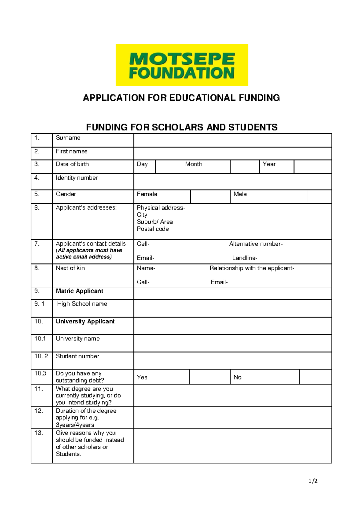 Motsepe Foundation Bursary Application form - 1 / APPLICATION FOR ...