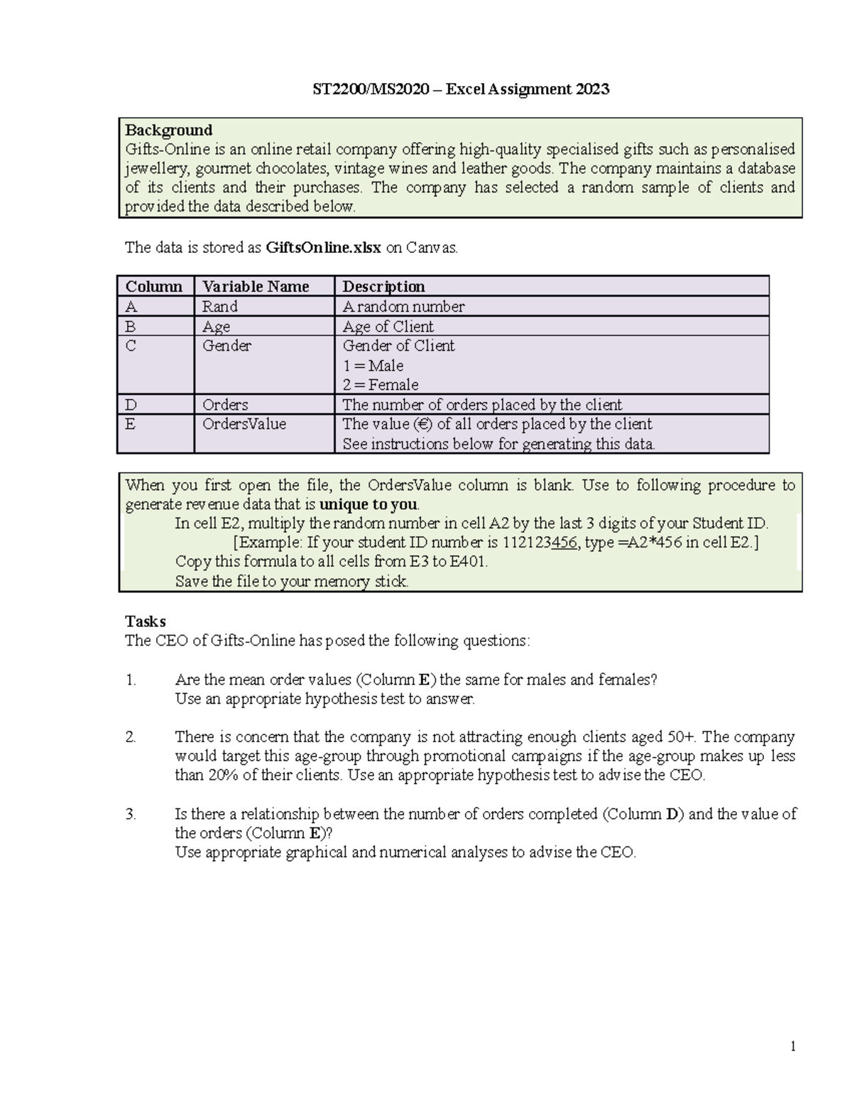 ST2200 MS2020 Excel Assignment 2023 - Methods of Business Statistics ...