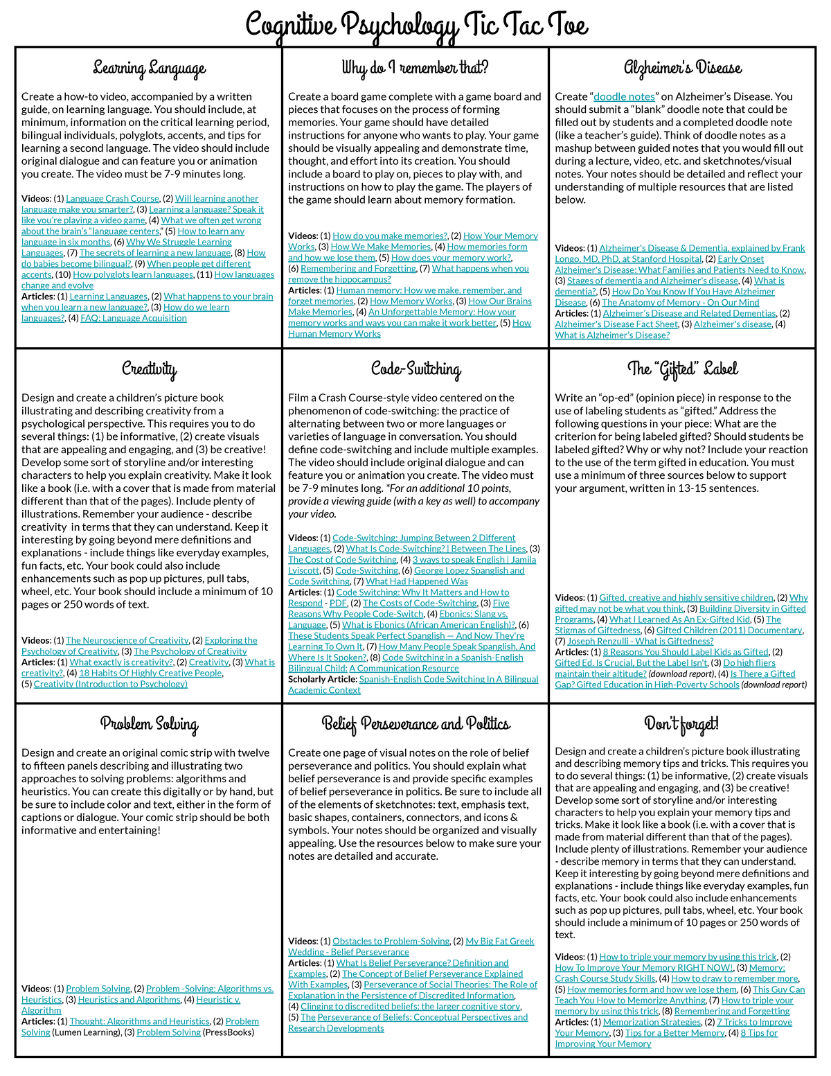 Cognitive Psychology Choice Board Hyperdoc-1 - Cognitive Psychology Tic ...